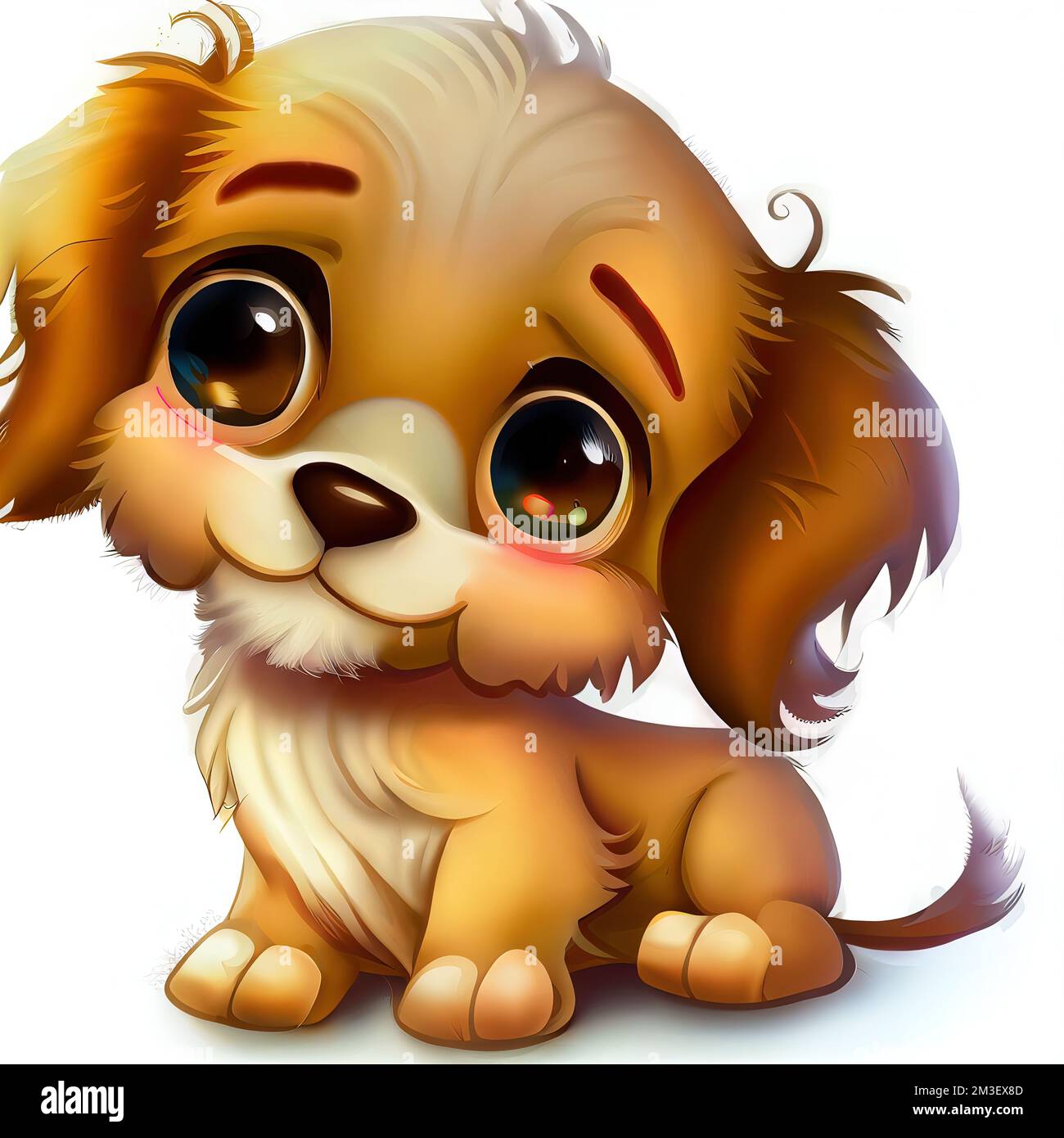 a little puppy sitting down with big eyes on a white background with a ...