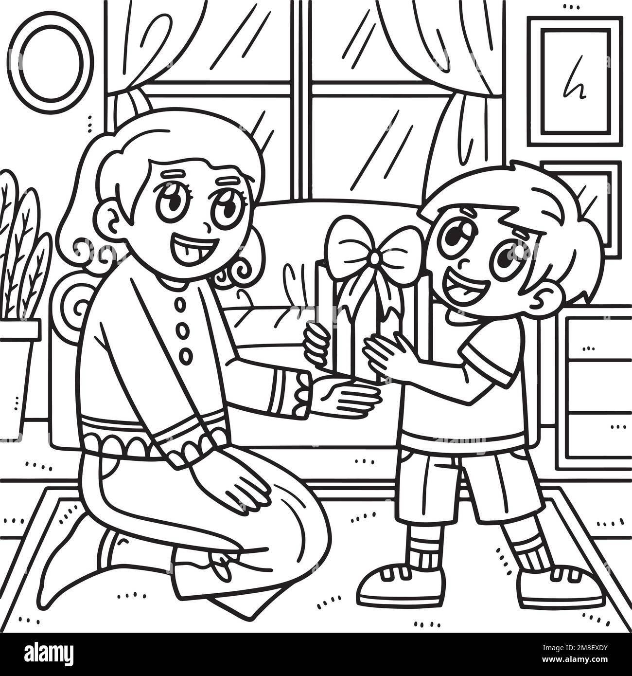 Mothers Day Child Giving Gift Coloring Page Stock Vector Image & Art ...