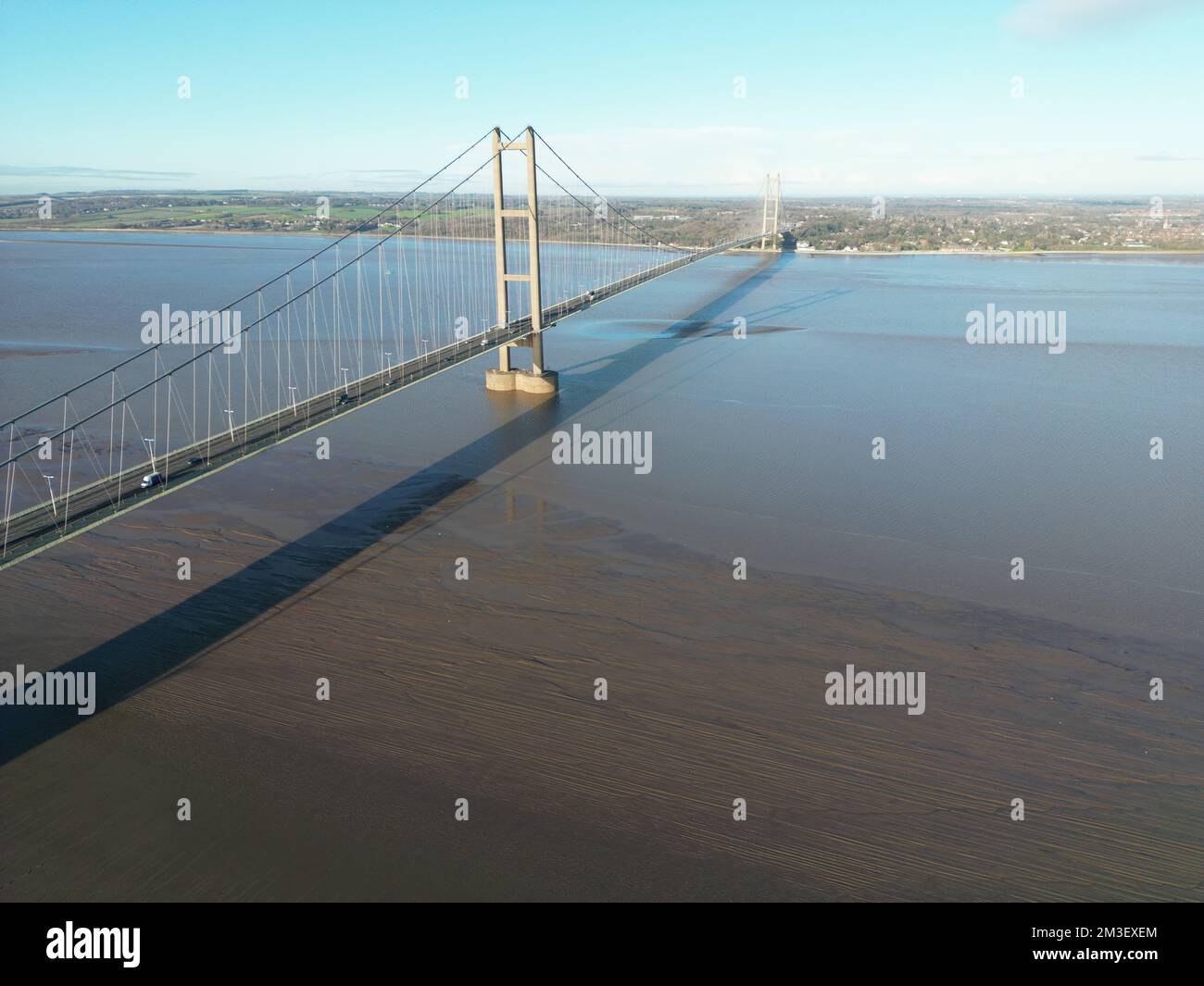 An aerial shot of the Humber Bridge over the tidal rivers Ouse and ...