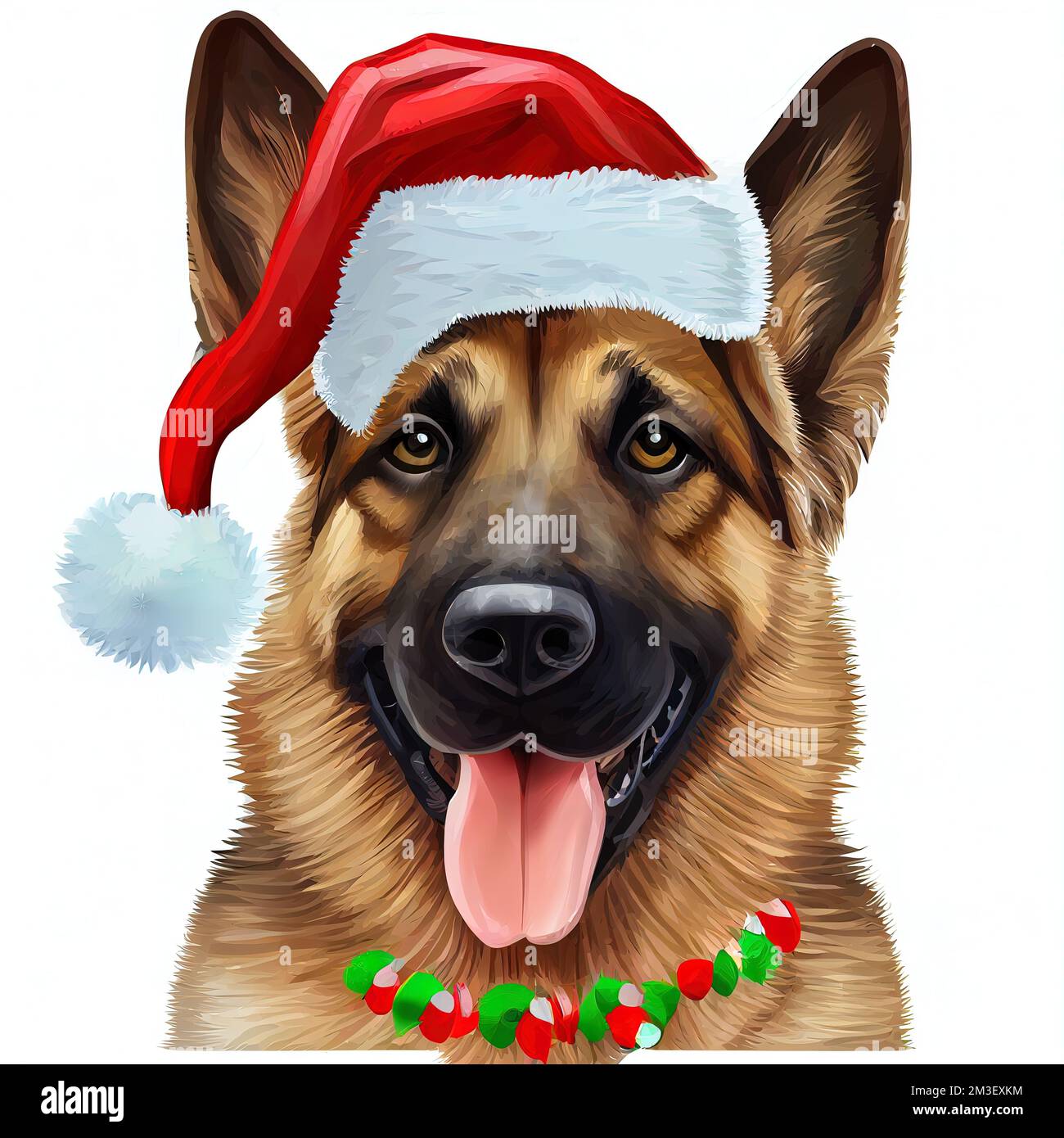 a german shepherd dog wearing a santa hat and a christmas garland on ...