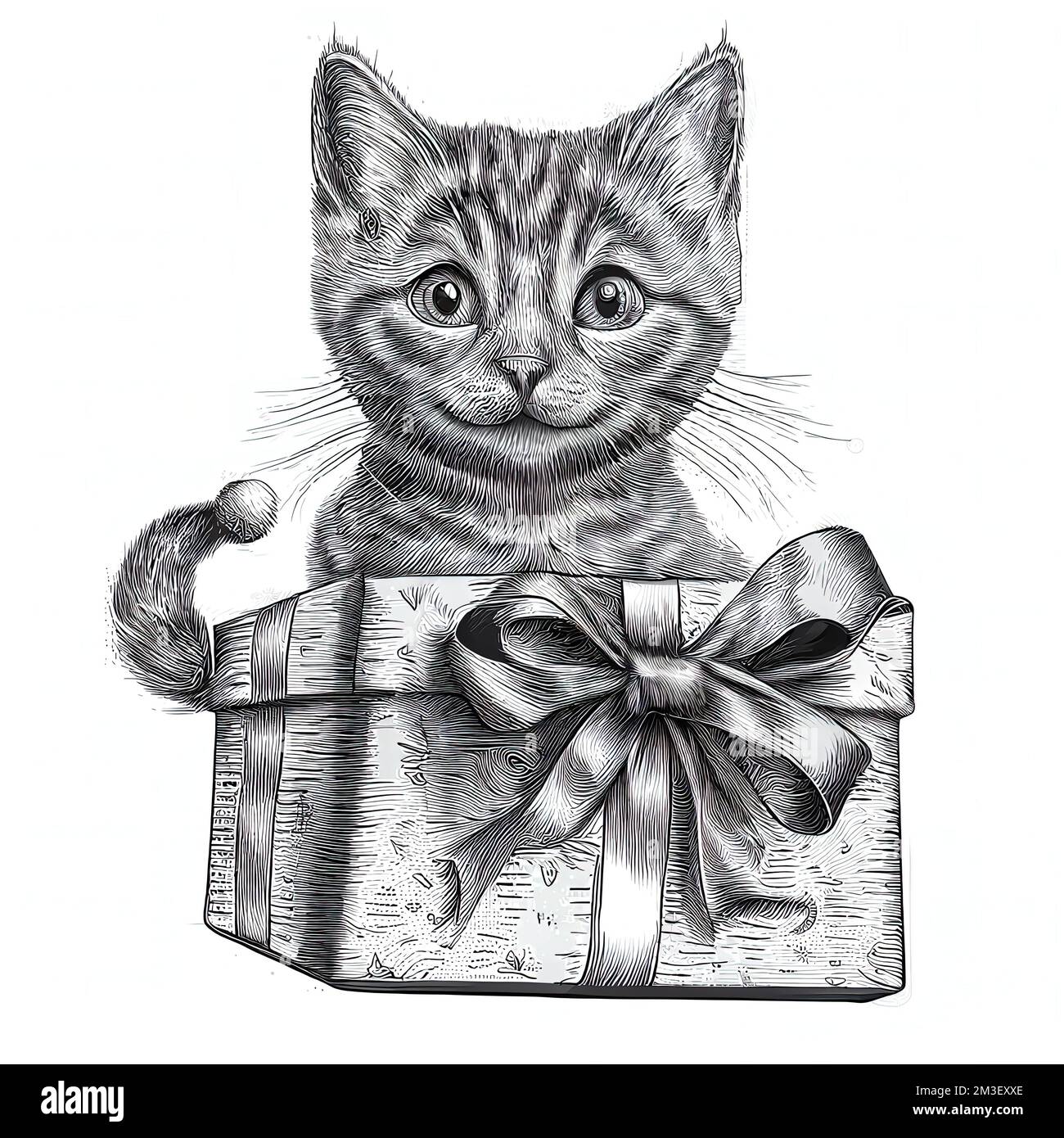 a drawing of a kitten in a gift box with a bow on it's head and eyes ...