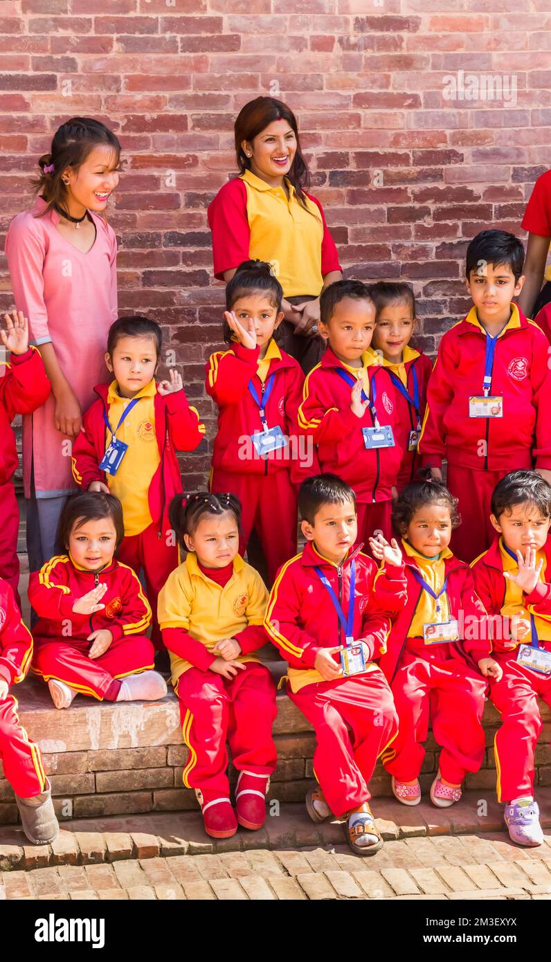 Nepalese school children in uniform posing for a picture on Durbar ...