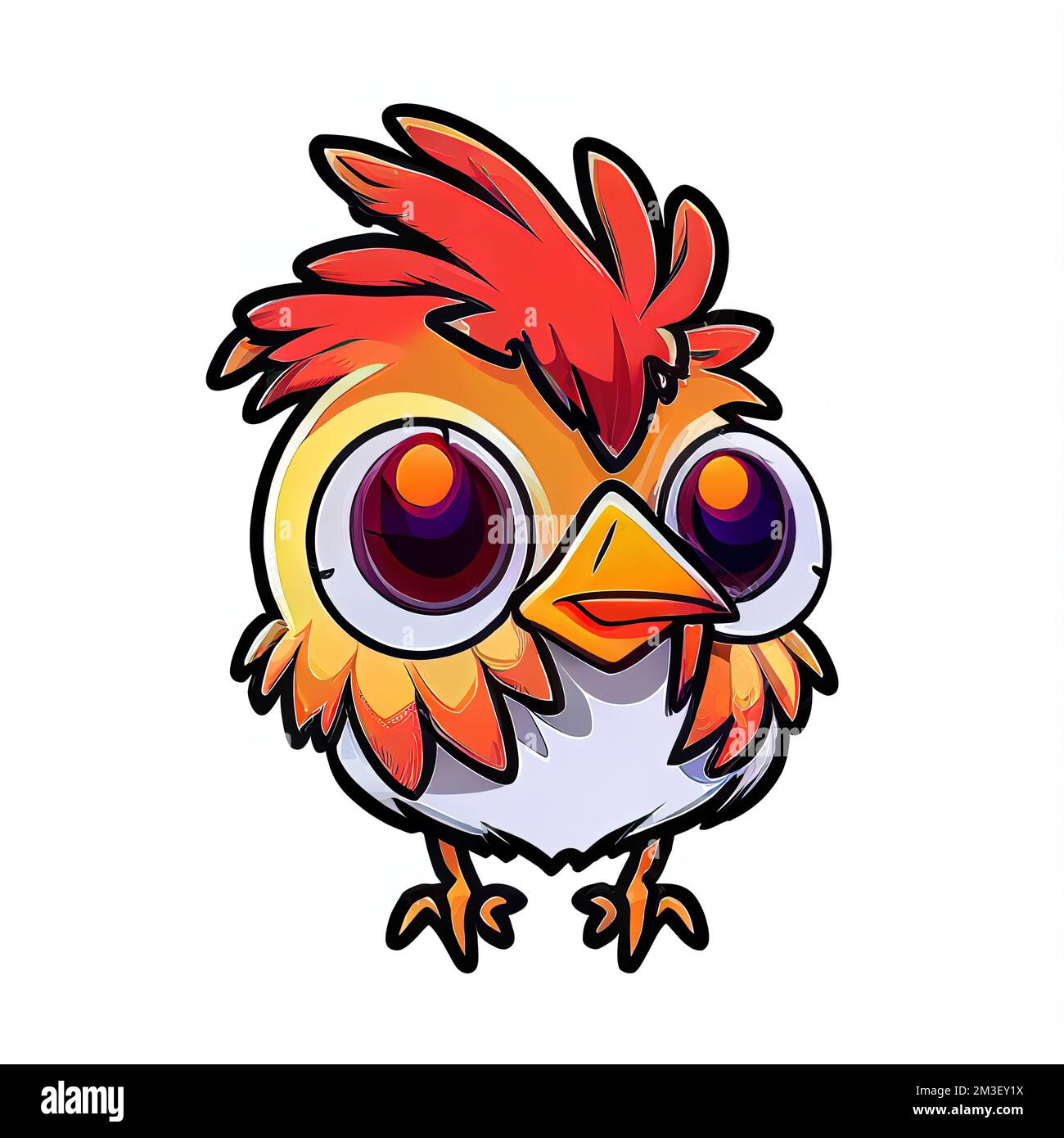 a cartoon chicken with big eyes and a red tail is standing upright in ...