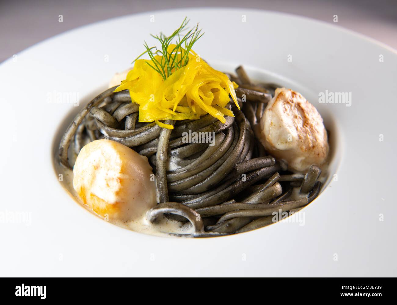 Recipe for Linguine Pasta with squid ink and scallops, yellow chioggia ...