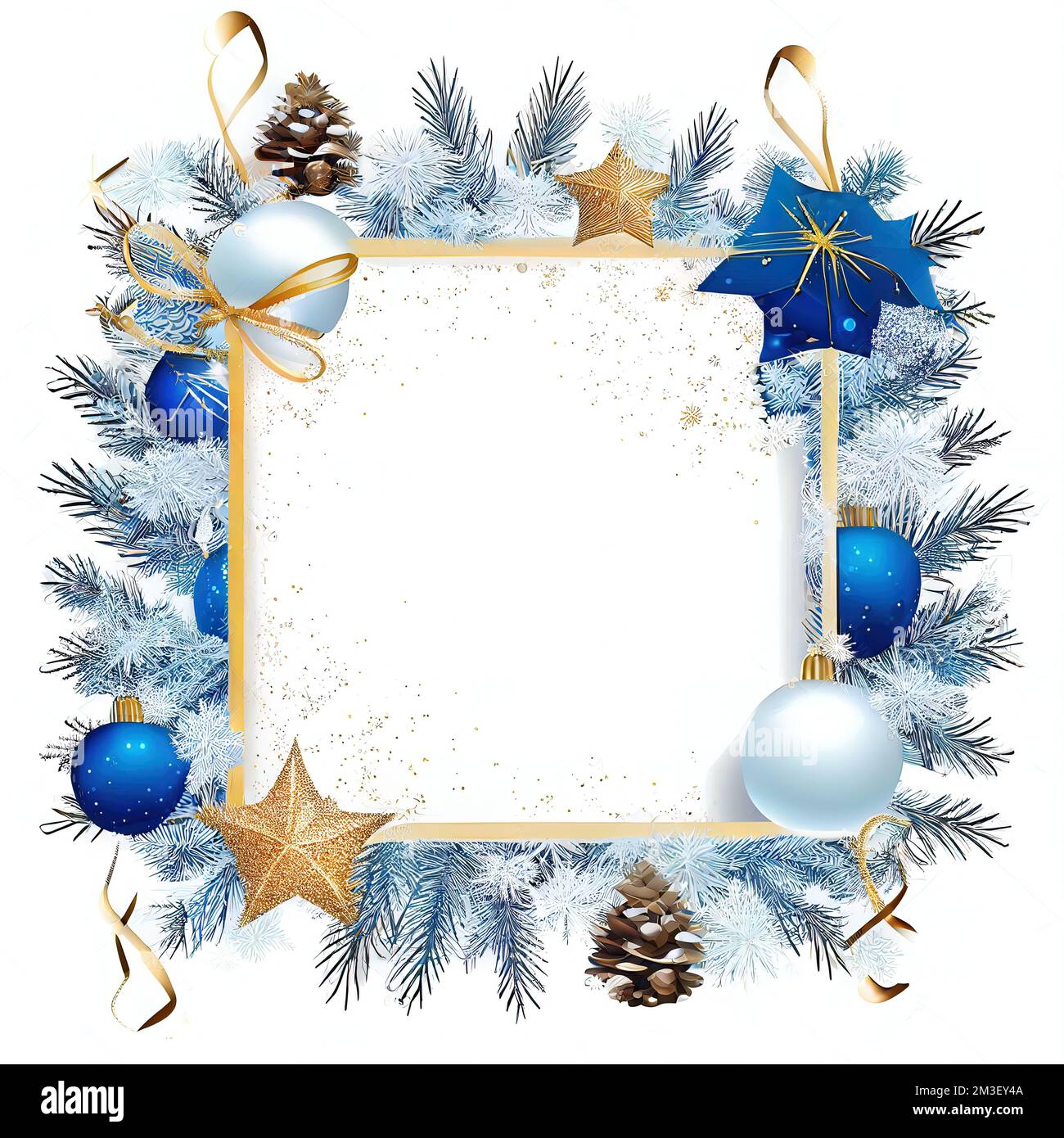 a christmas frame with blue and gold ornaments and a pine cone on top ...