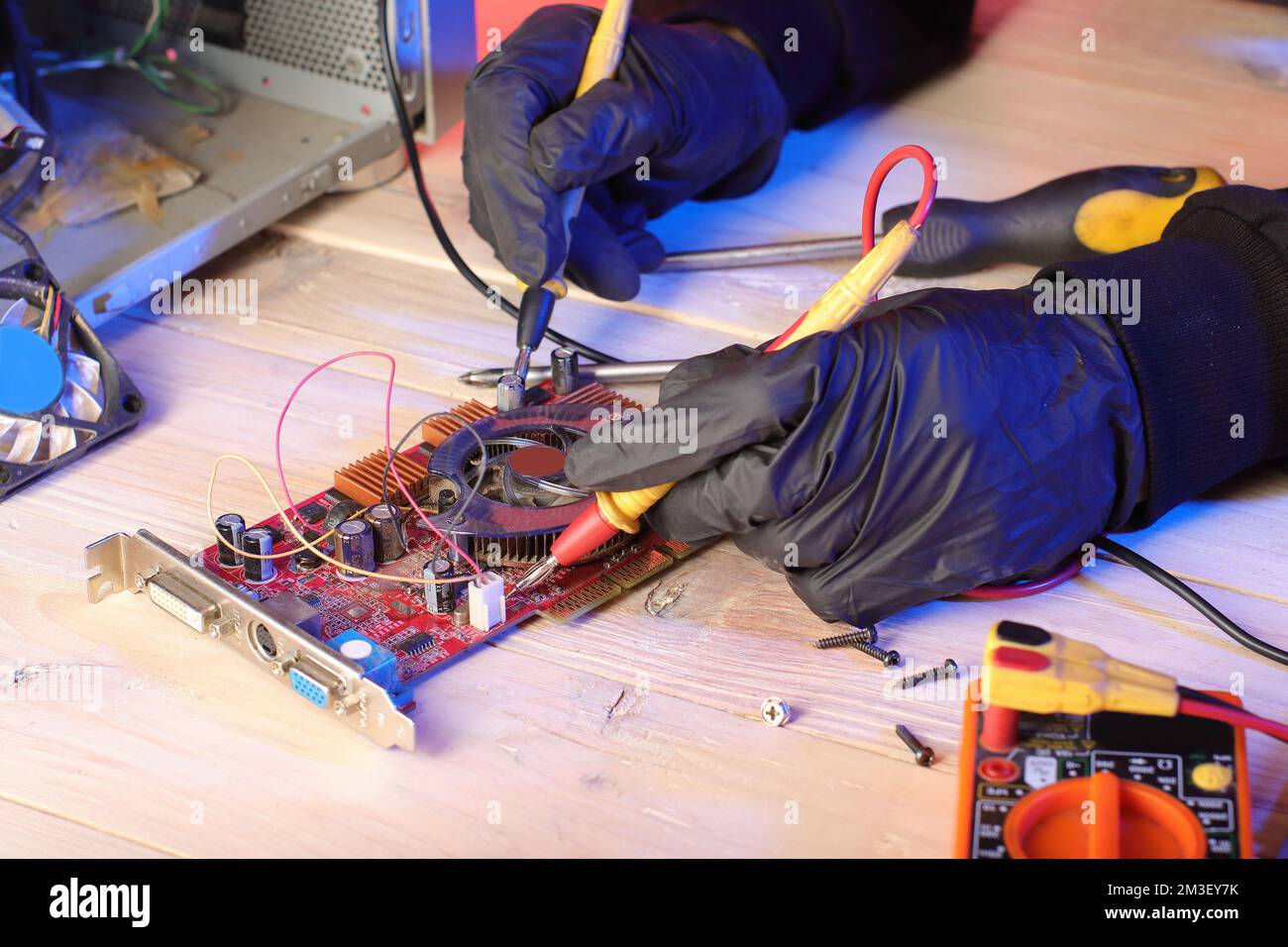 checking video card from desktop computer with ammeter on table Stock ...