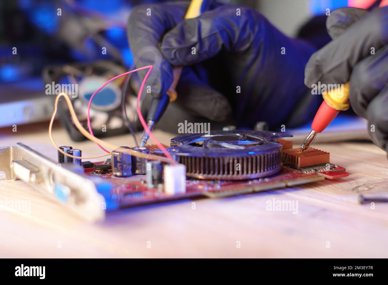 checking video card from desktop computer with ammeter on table Stock ...