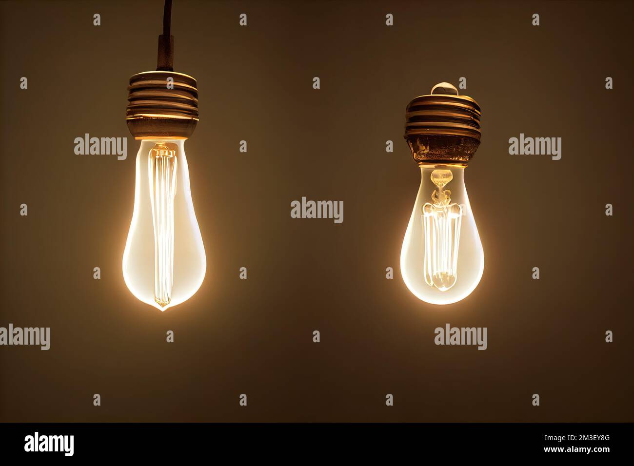 a couple of light bulbs hanging from a ceiling fixture in a room with a ...