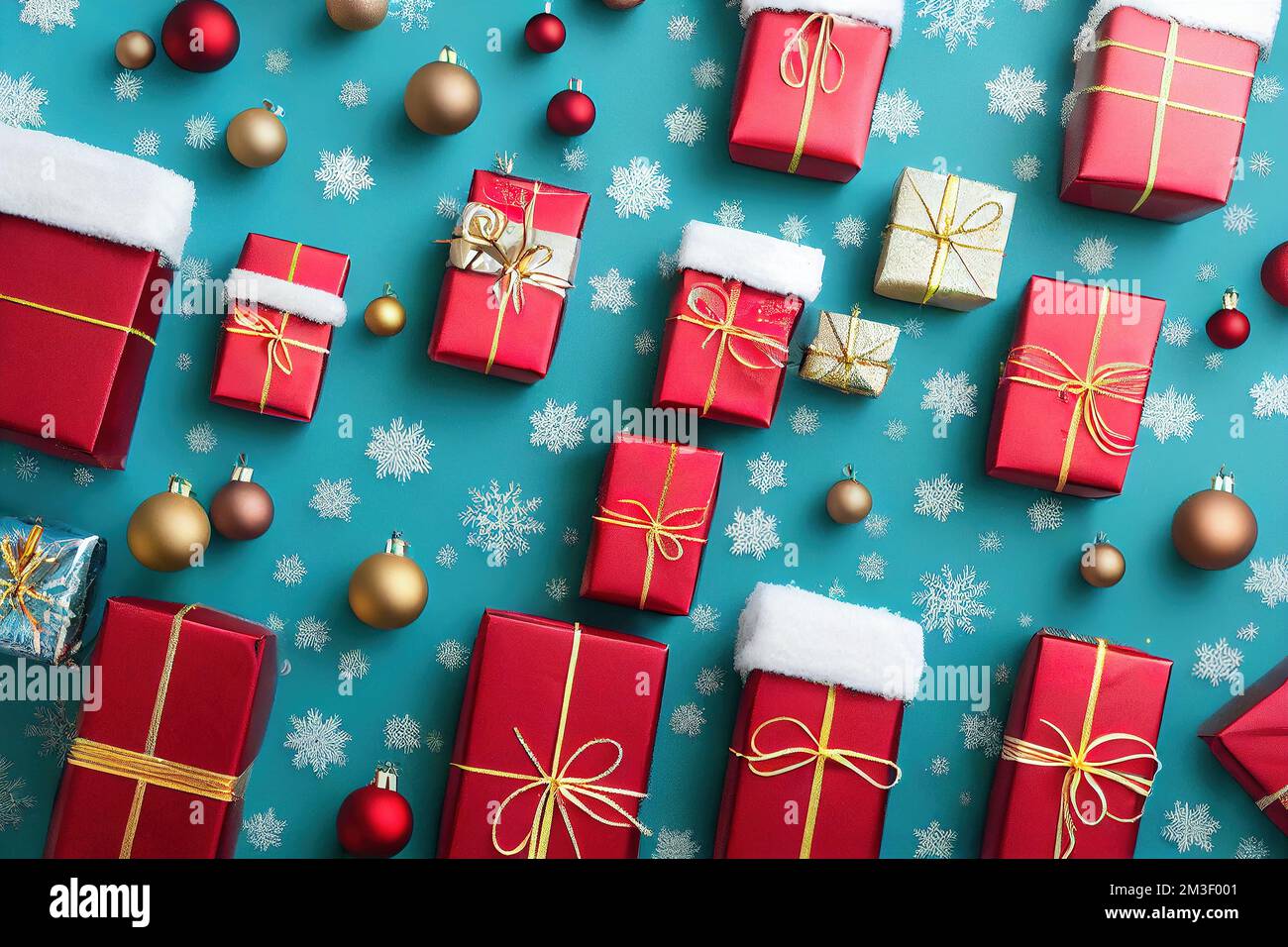 a group of presents sitting on top of a blue table covered in christmas ...