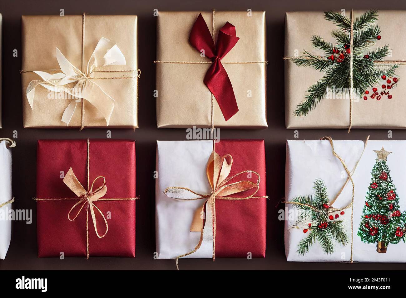 a group of wrapped presents with a christmas tree on them and a red ...