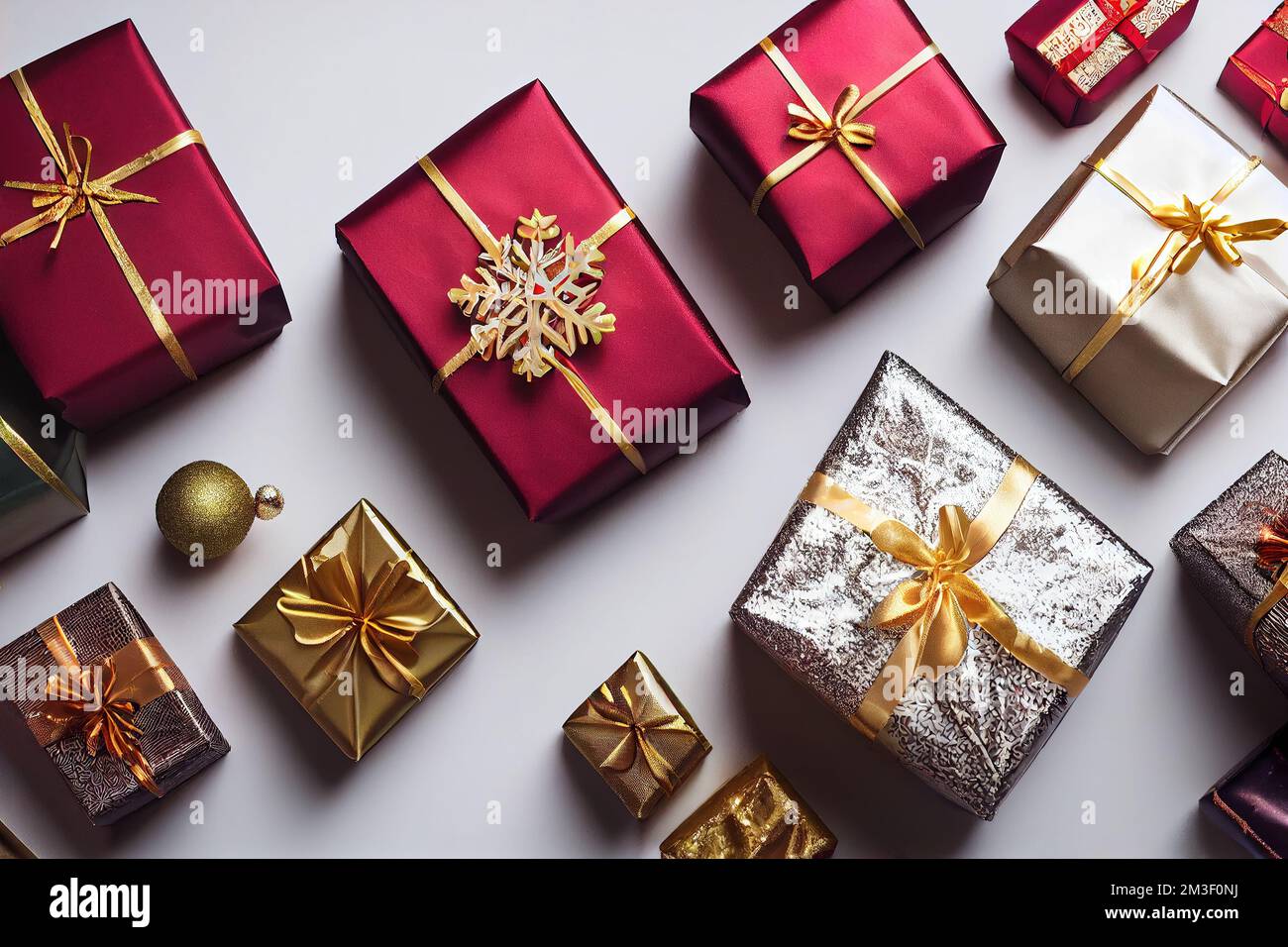 a group of wrapped presents sitting next to each other on a table with ...