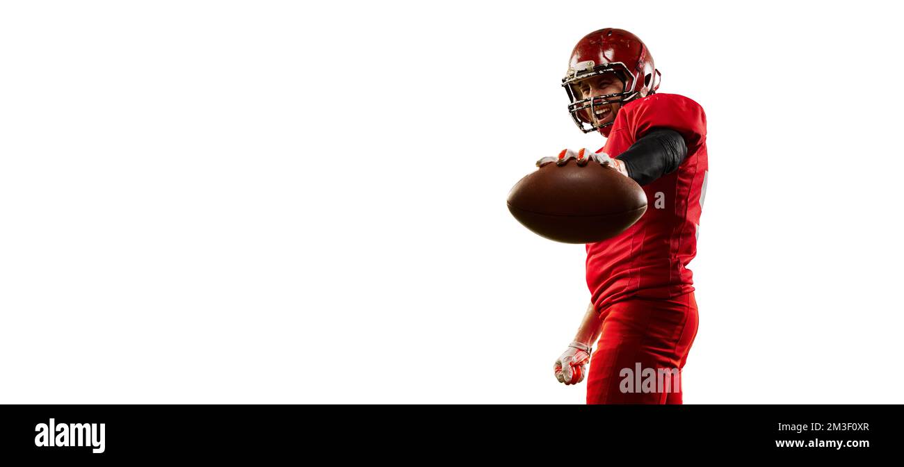 Flyer with professional american football player in sports uniform and ...