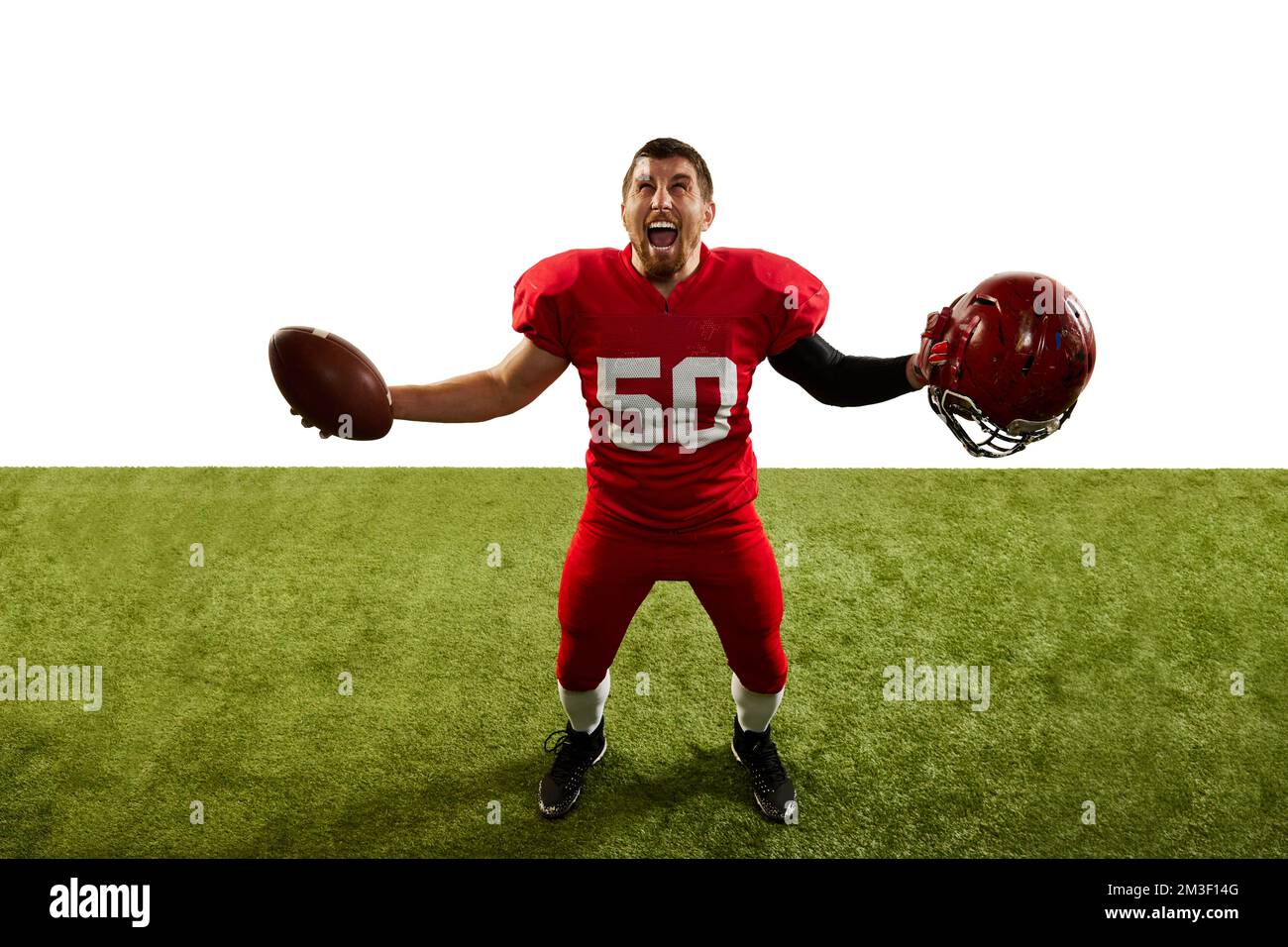 Flyer with professional american football player in sports uniform and ...