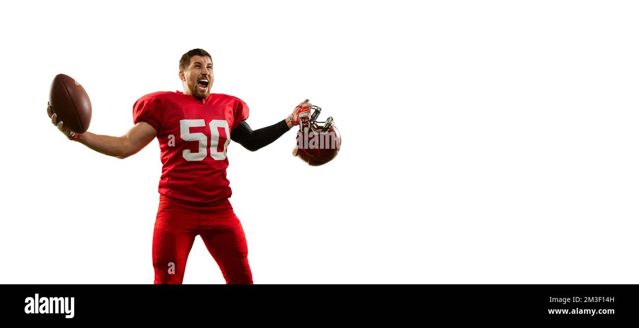 Flyer with professional american football player in sports uniform and ...