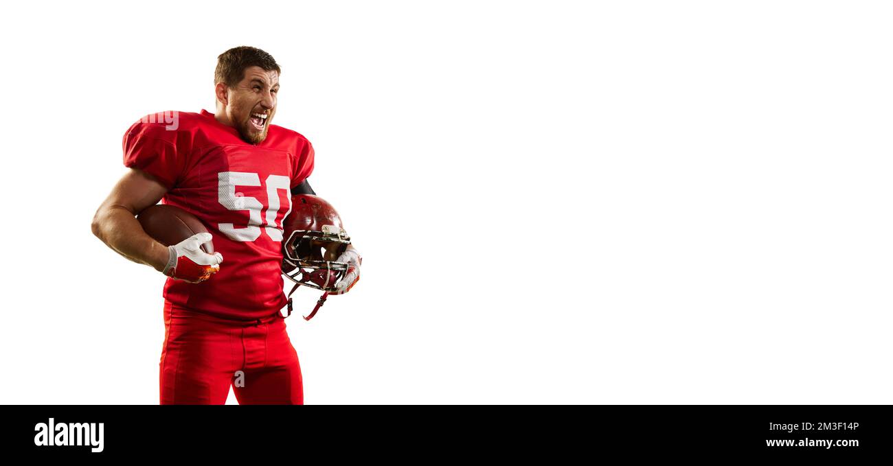 Flyer with professional american football player in sports uniform and ...