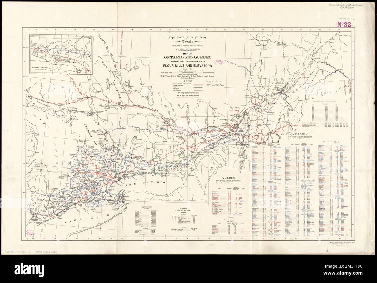 Map of Ontario and Quebec showing location and capacity of flour mills ...