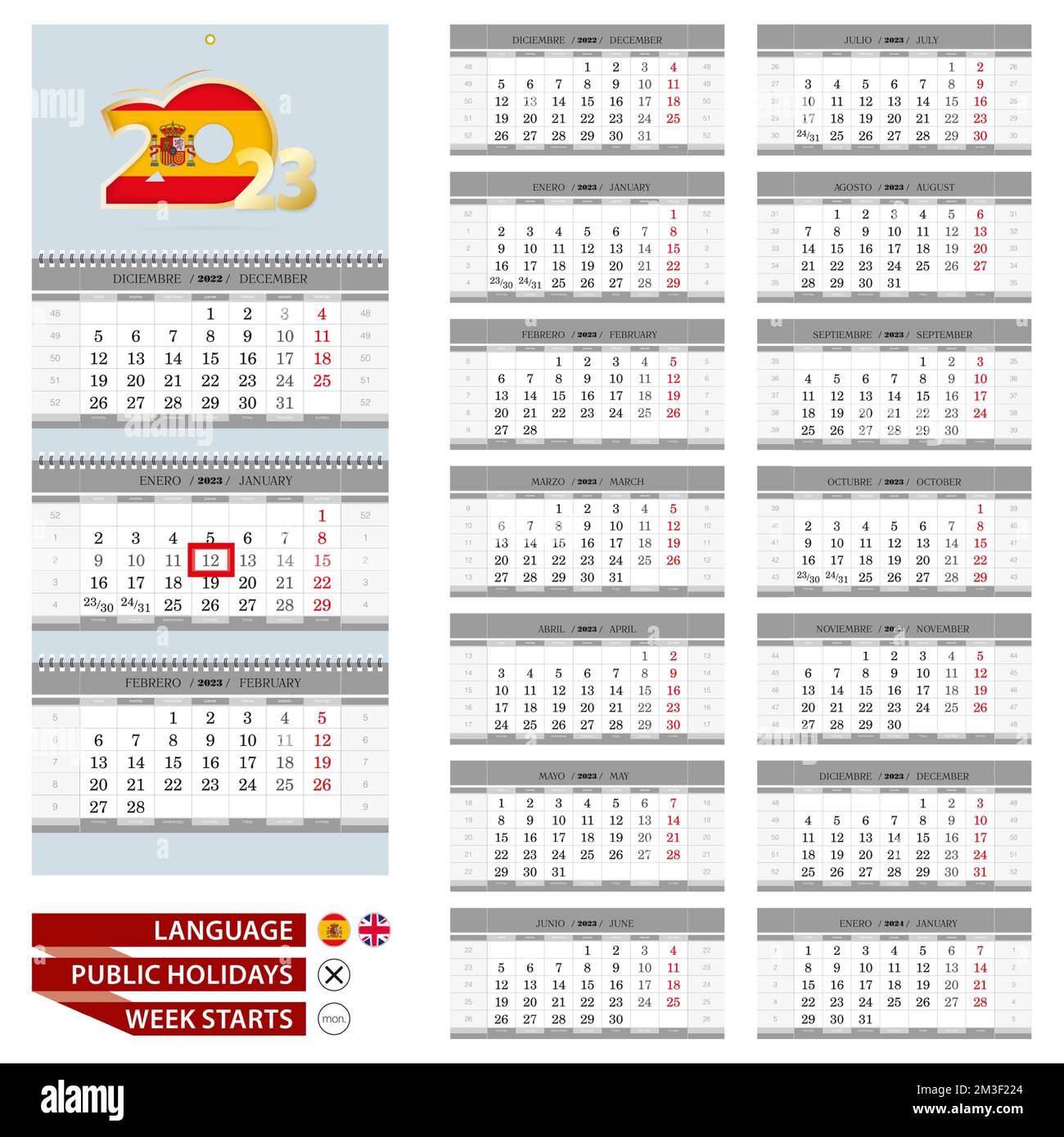Spanish and English language calendar for 2023 year. Week starts from ...