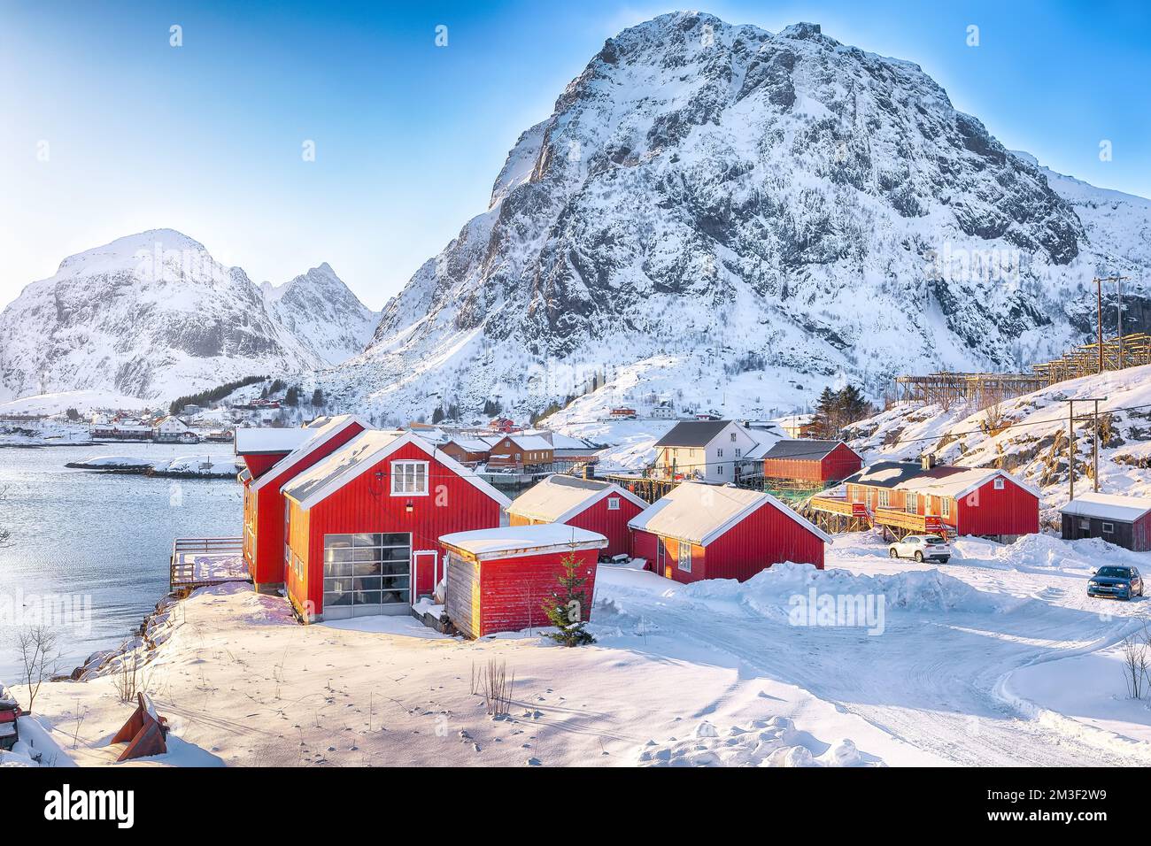 Outstanding morning seascape of Norwegian sea and cityscape of Sorvagen ...