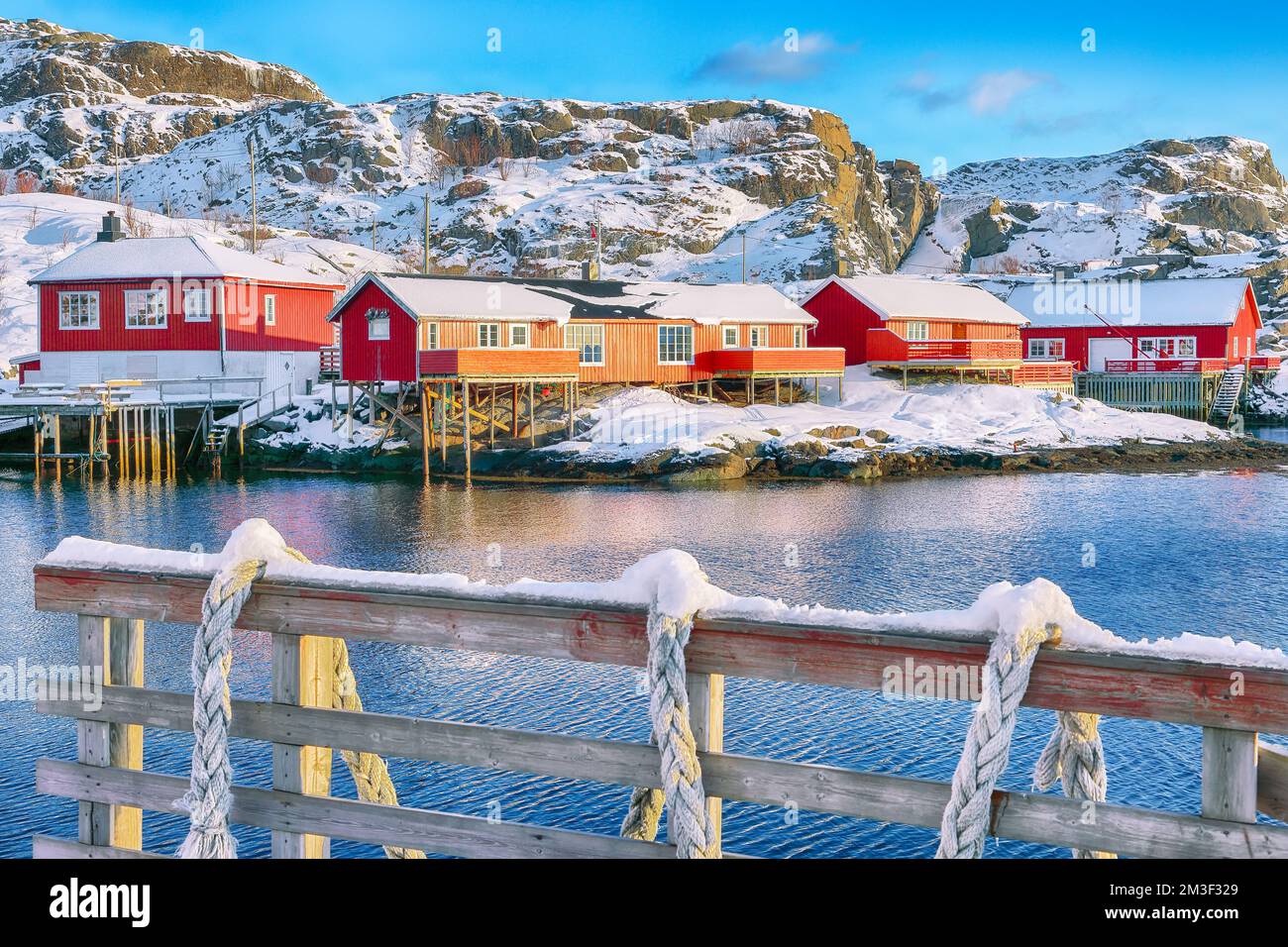 Marvelous snowy morning cityscape of Sorvagen town and port. Popular ...