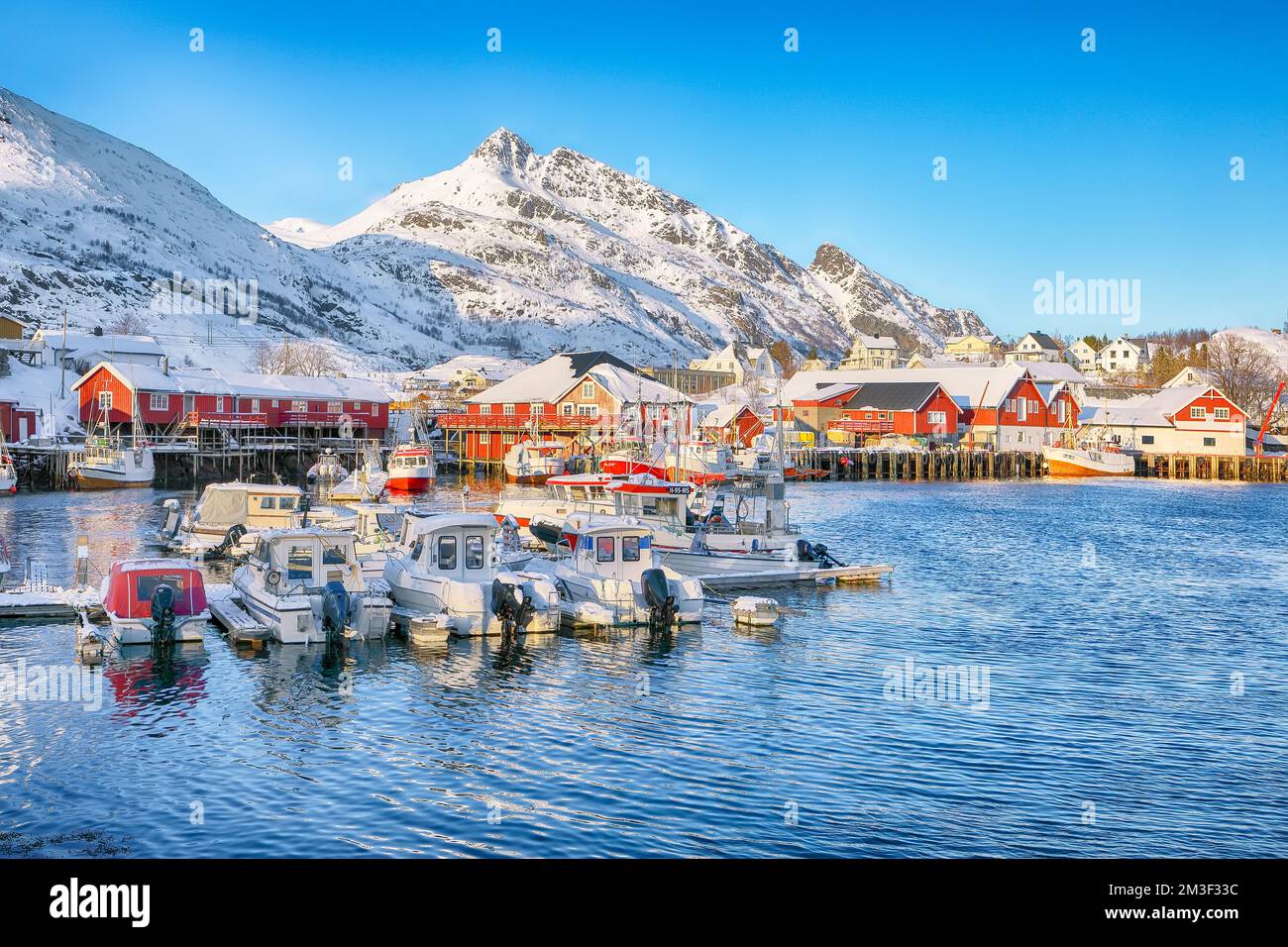Marvelous snowy morning cityscape of Sorvagen town and port. Popular ...