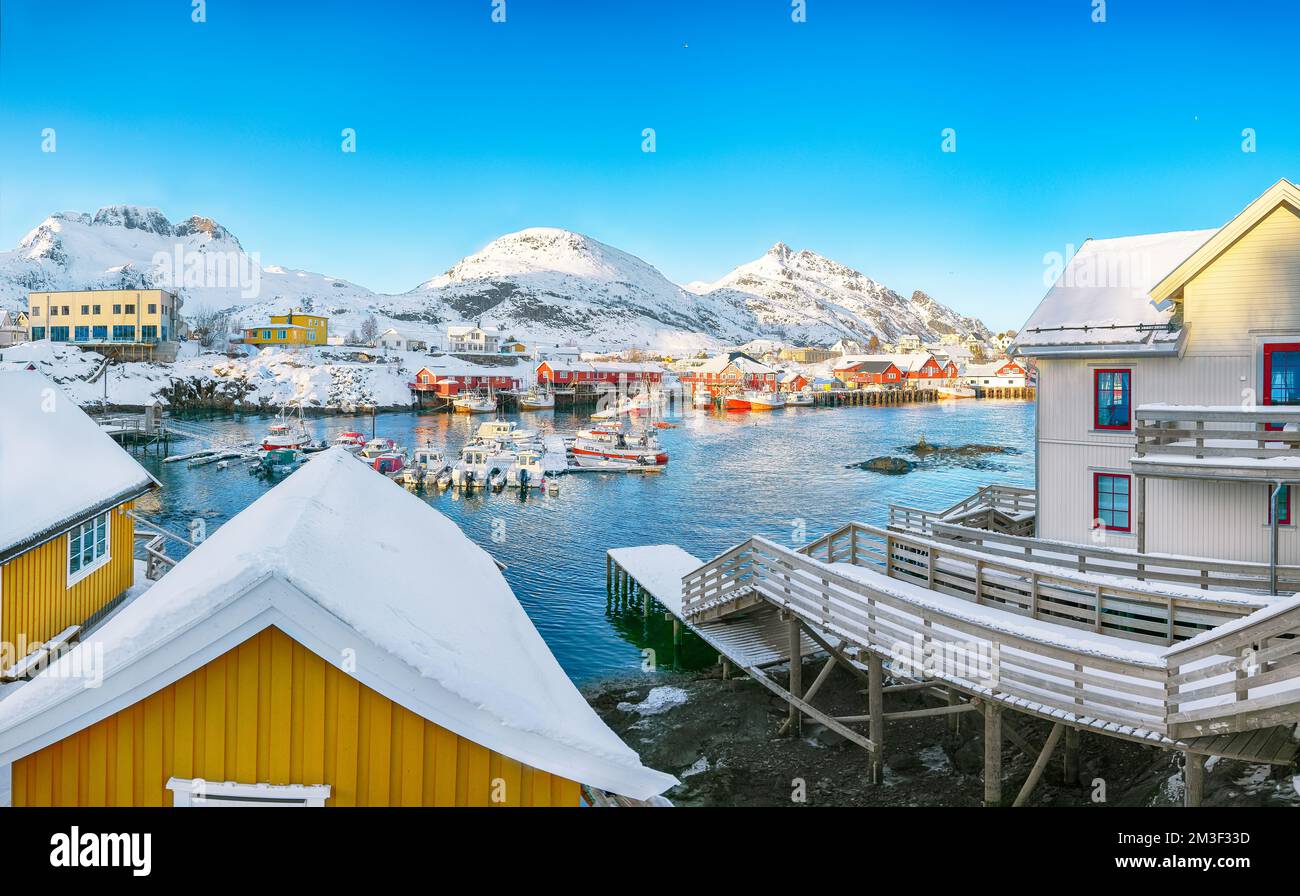 Marvelous snowy morning cityscape of Sorvagen town and port. Popular ...