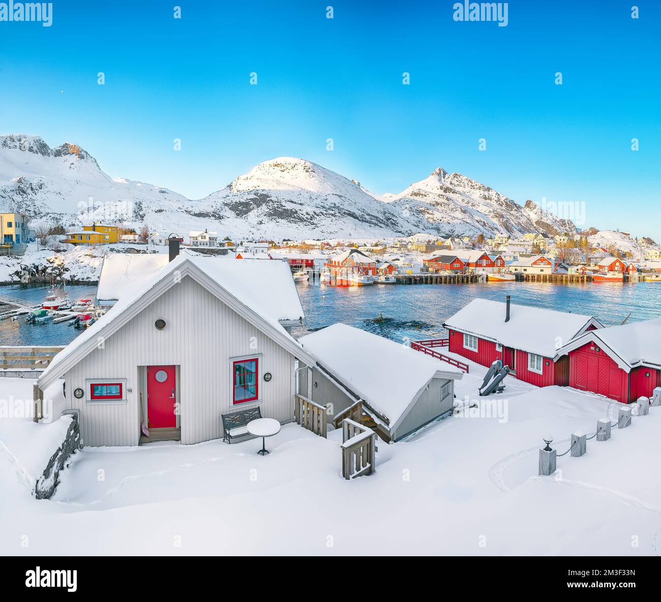Marvelous snowy morning cityscape of Sorvagen town and port. Popular ...