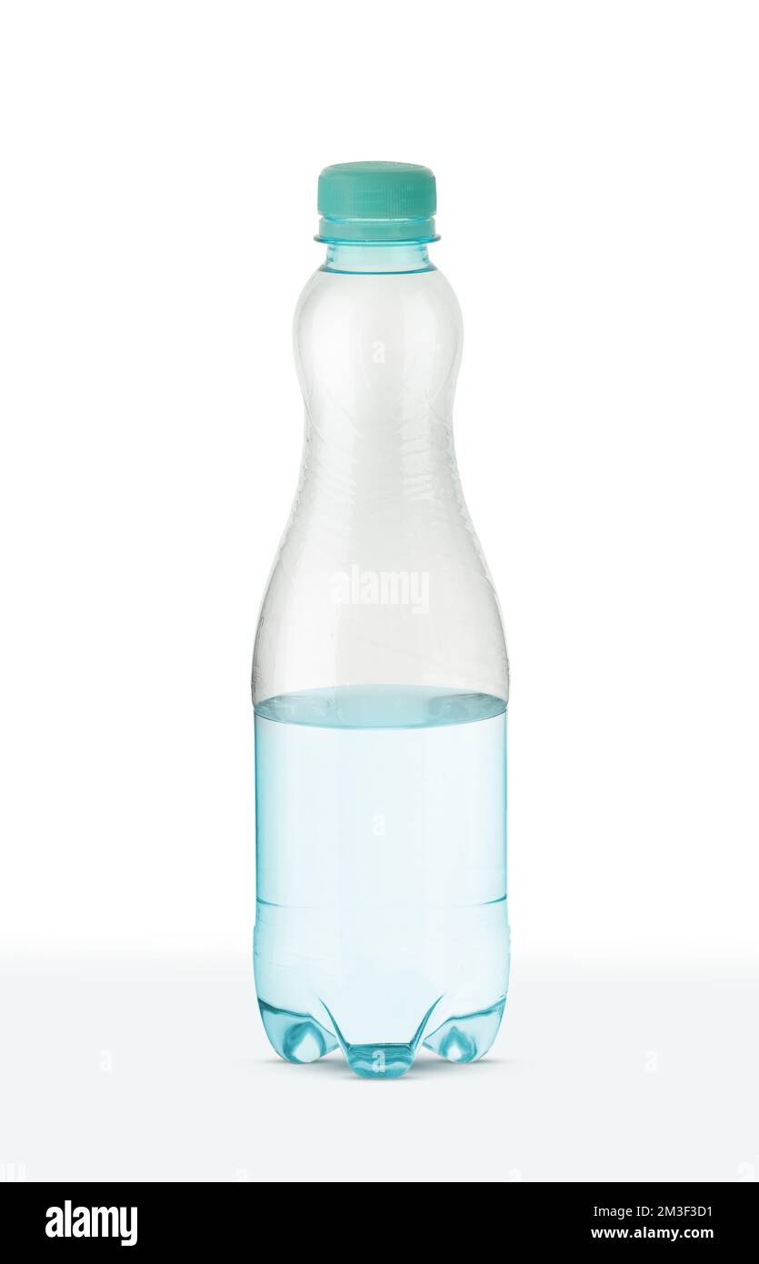 a small plastic bottle with water half full on a white background Stock ...