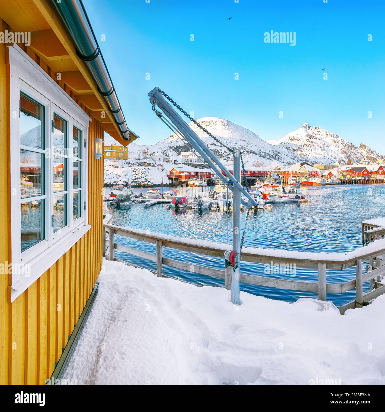 Marvelous snowy morning cityscape of Sorvagen town and port. Popular ...
