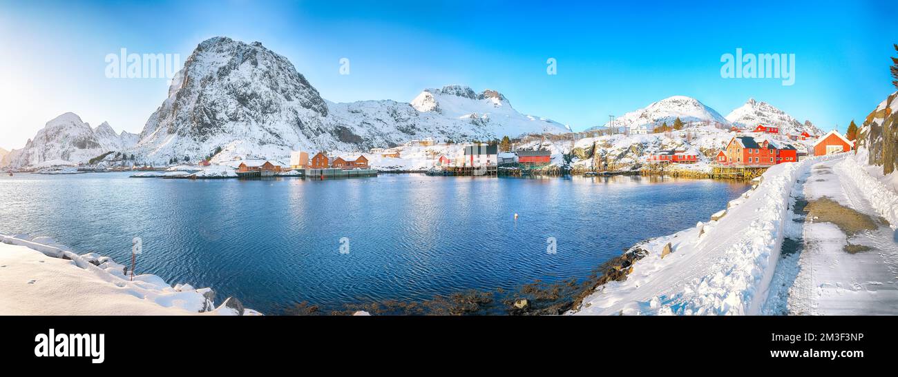 Splendid morning seascape of Norwegian sea and cityscape of Sorvagen ...