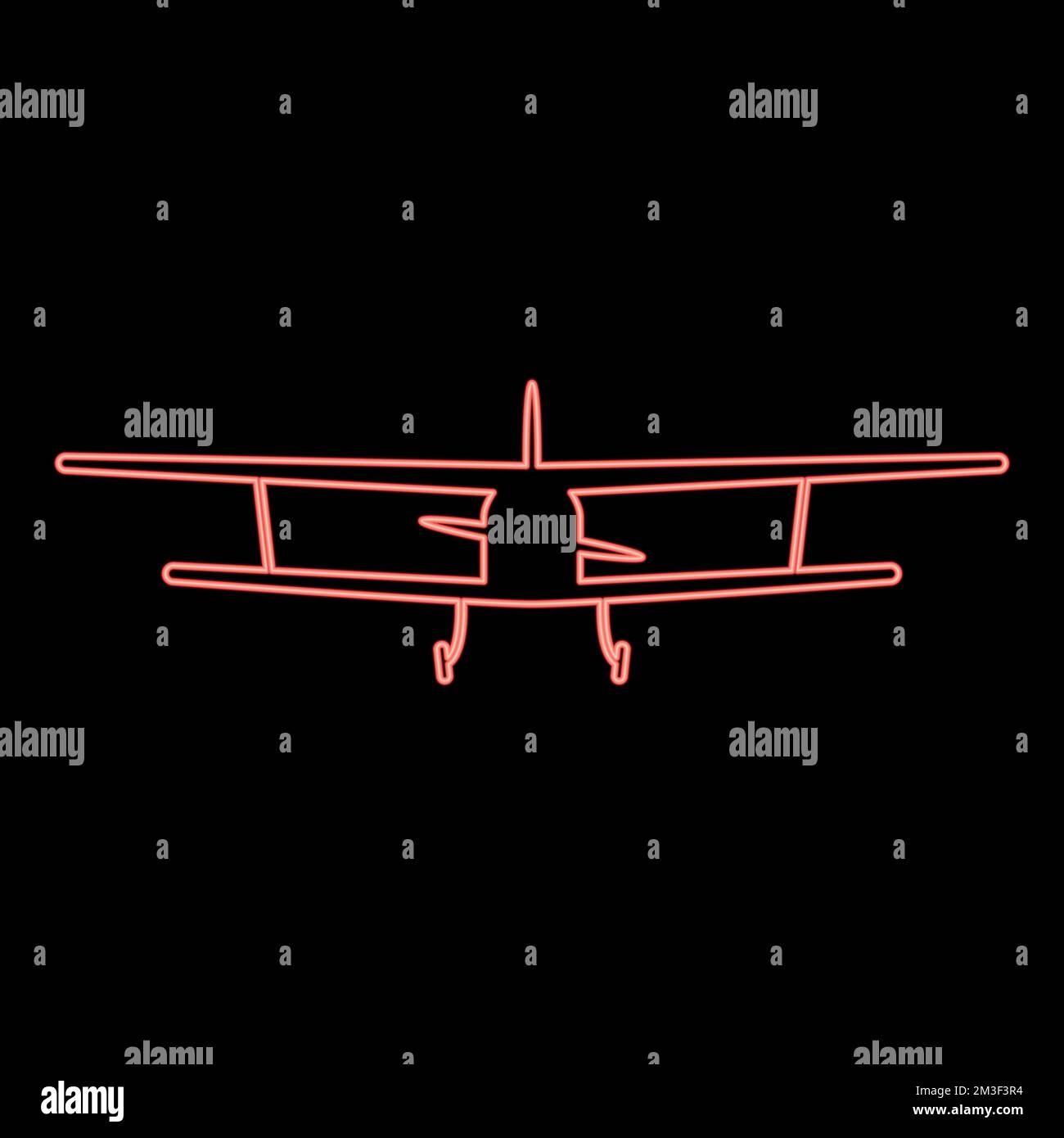 Neon Airplane View With Front Light Aircraft Civil Flying Machine Red Color Vector Illustration