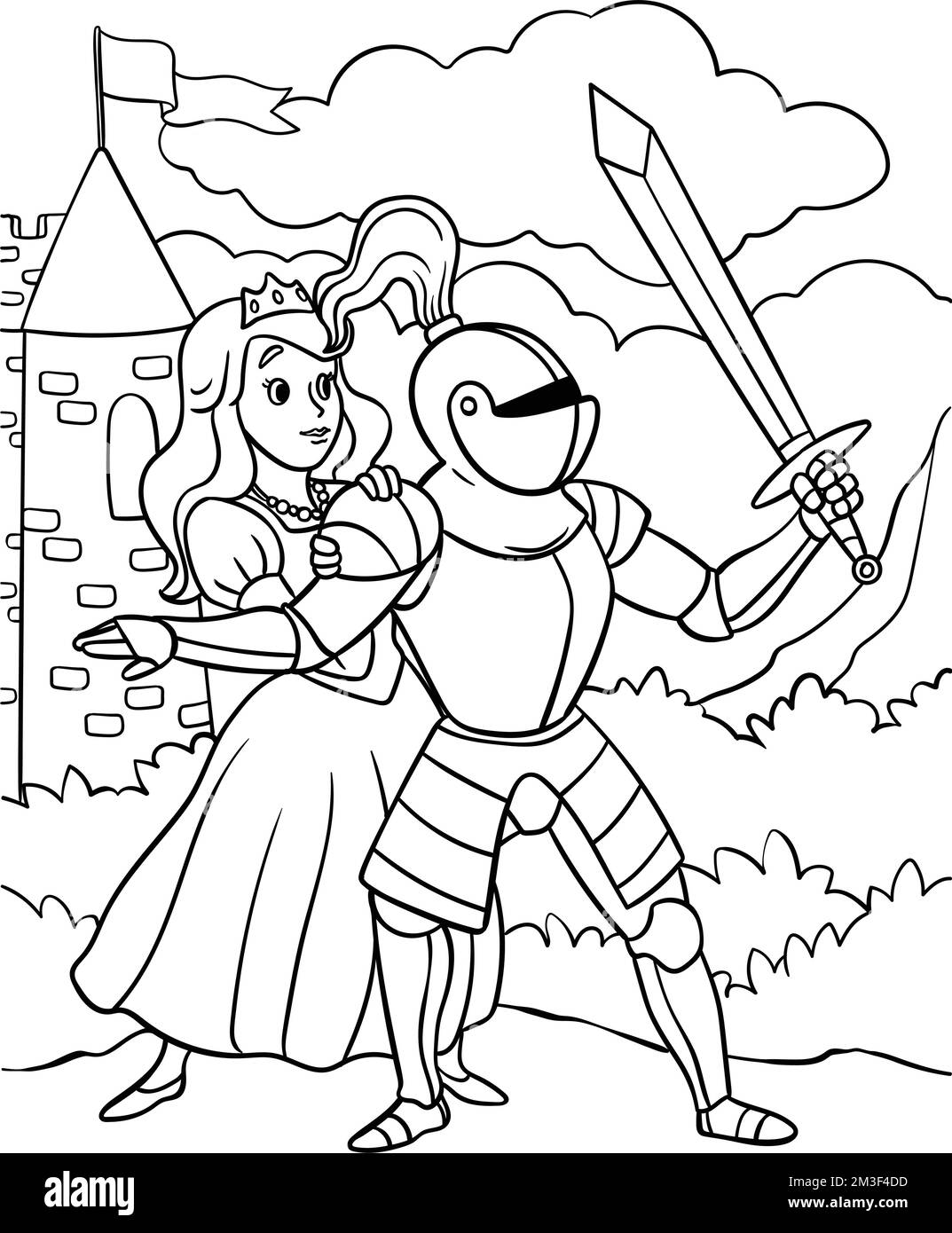 Knight Protecting the Princess Coloring Page Stock Vector Image & Art ...