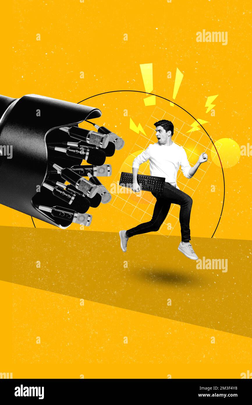 Collage artwork graphics picture of angry guy running away from ...