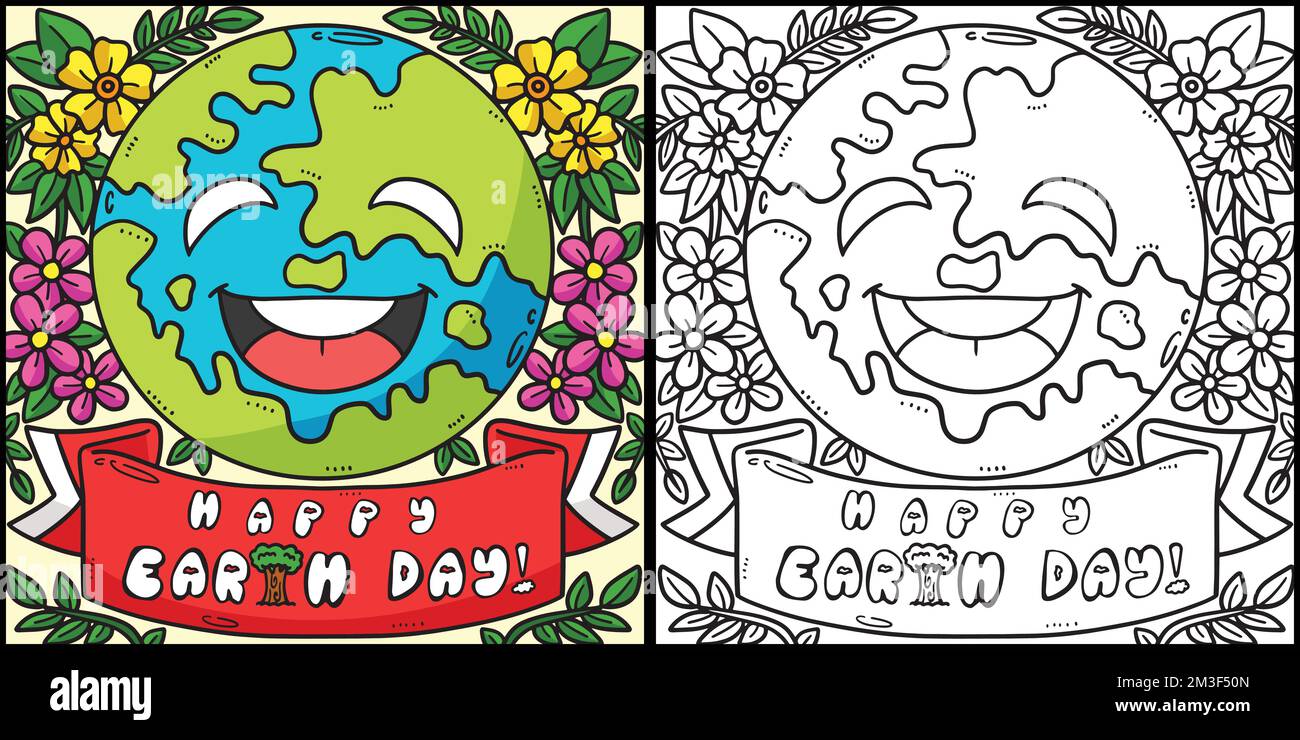 Happy Earth Day Coloring Page Colored Illustration Stock Vector Image ...