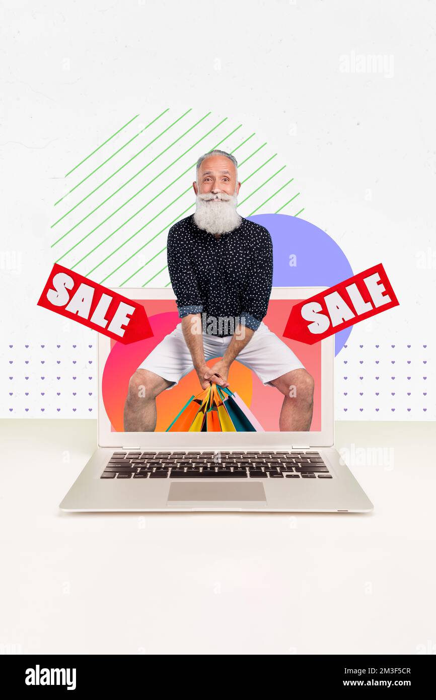 Photo artwork minimal picture of funny funky guy holding bargains ...