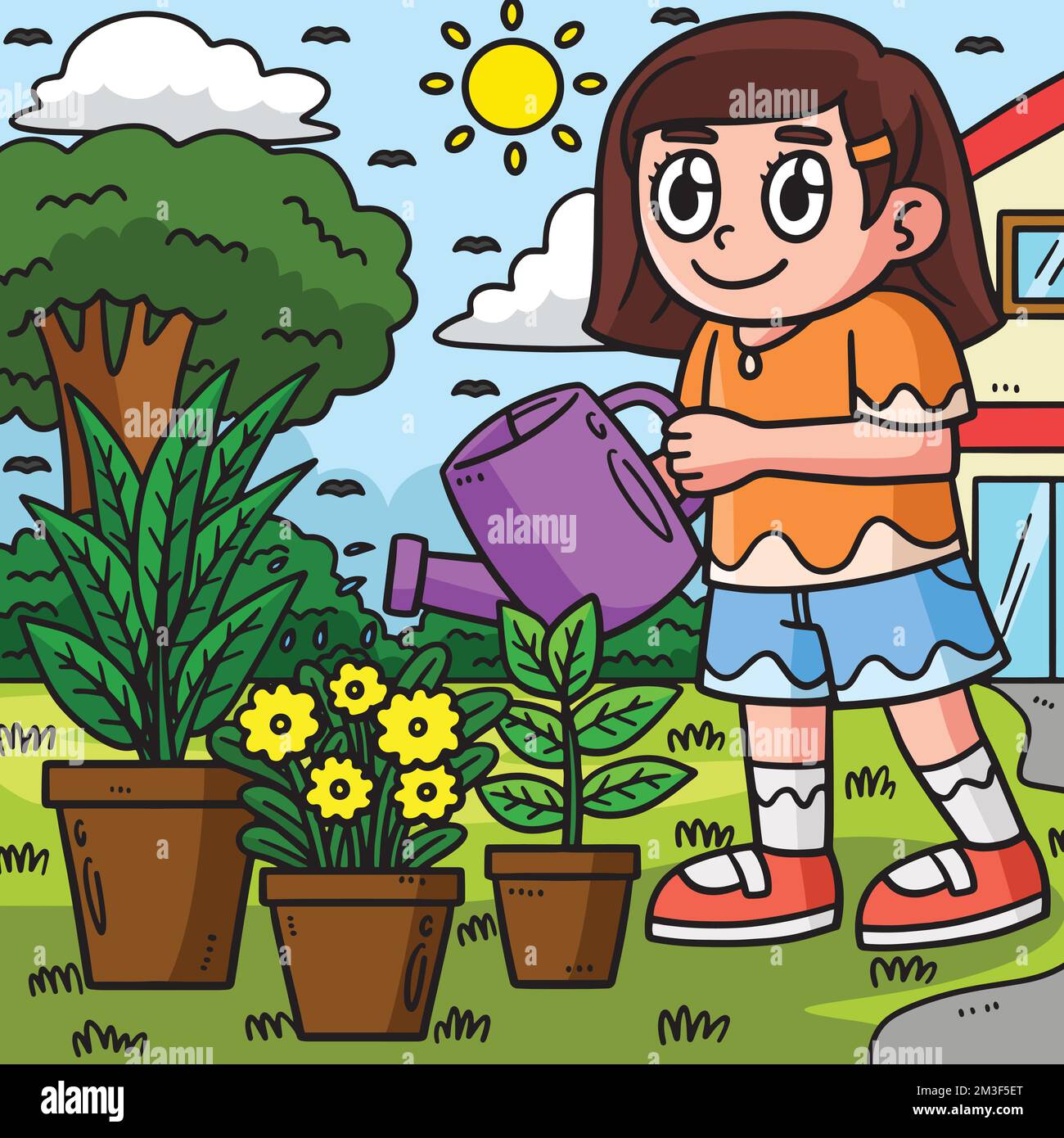 Earth Day Girl Watering Plants Colored Cartoon Stock Vector Image & Art ...