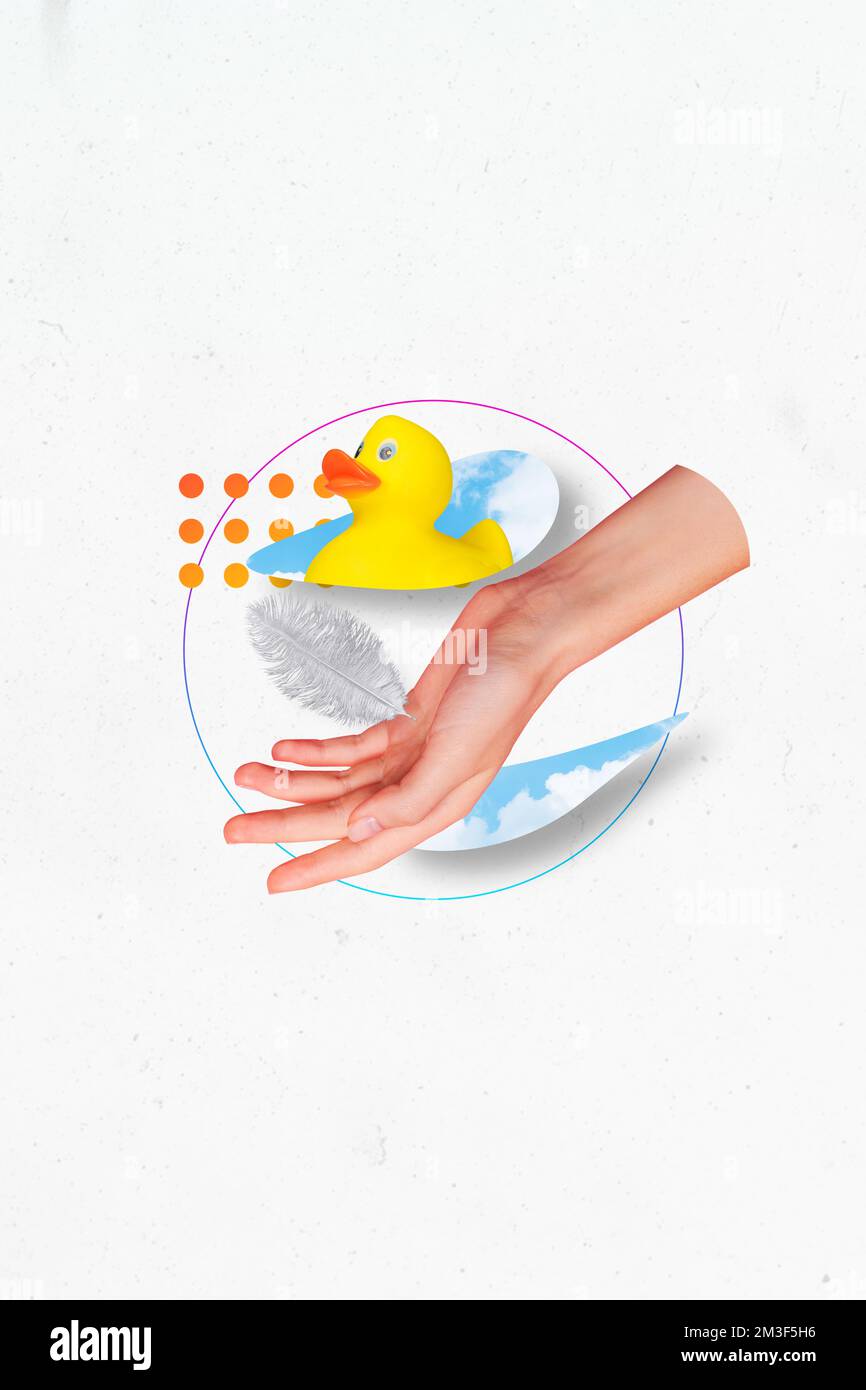 Creative photo 3d collage artwork poster postcard of rubber toy duck ...