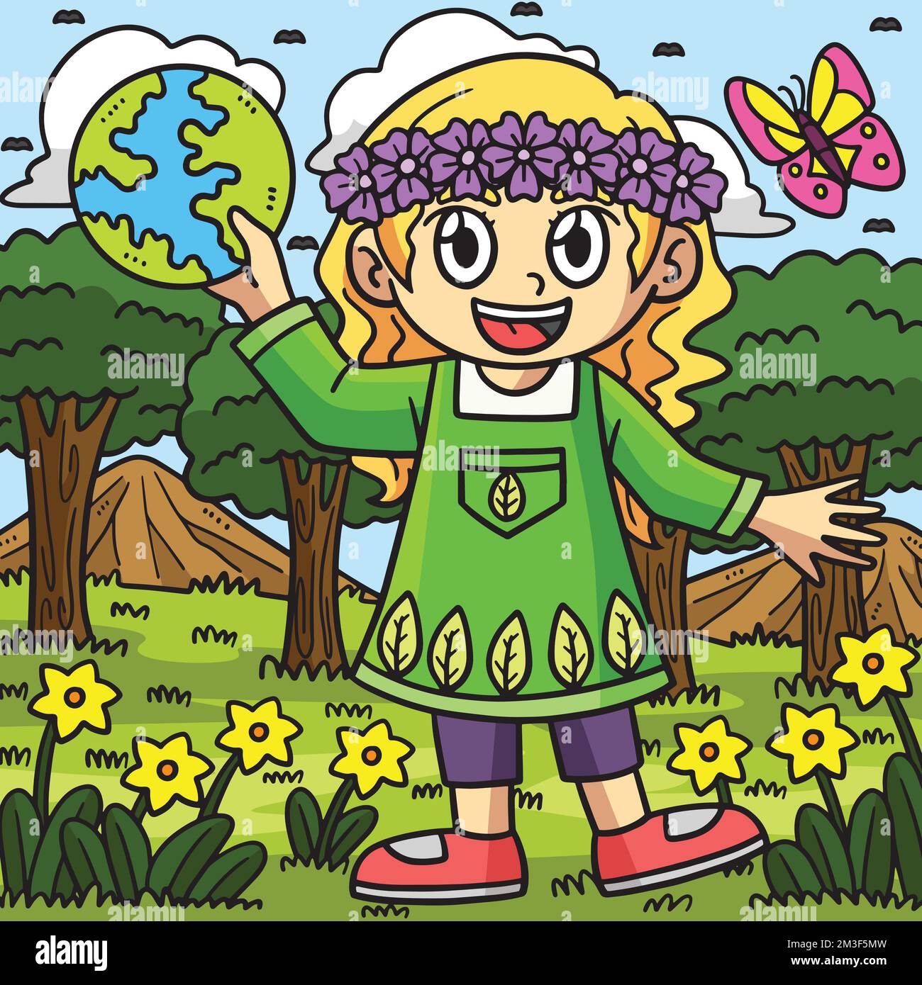 Earth Day Girl In Forest Colored Cartoon Stock Vector Image & Art - Alamy