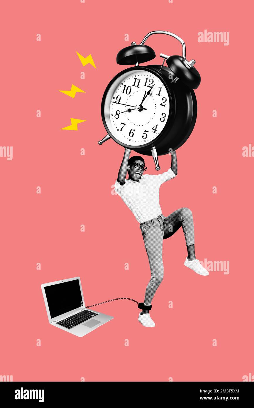 Creative photo 3d collage artwork poster of young person worker wake up ...