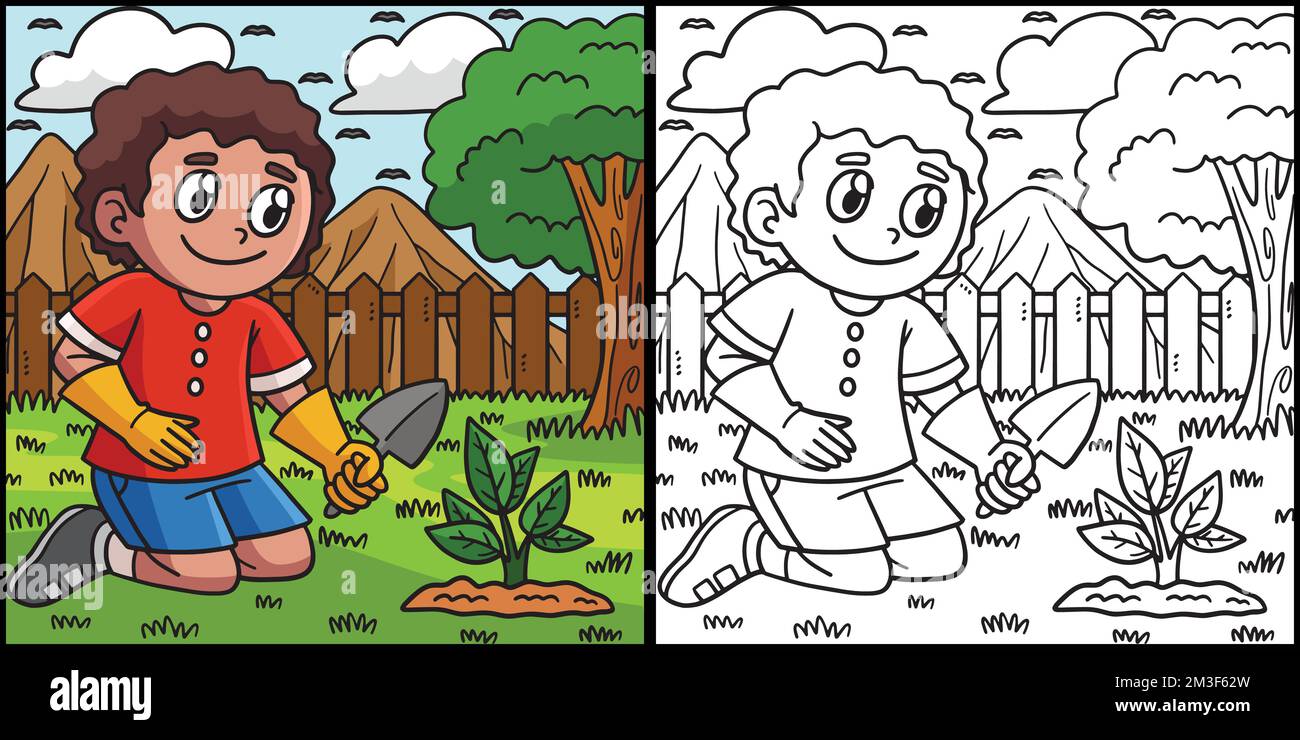 Earth Day Boy Planting Coloring Page Illustration Stock Vector Image ...