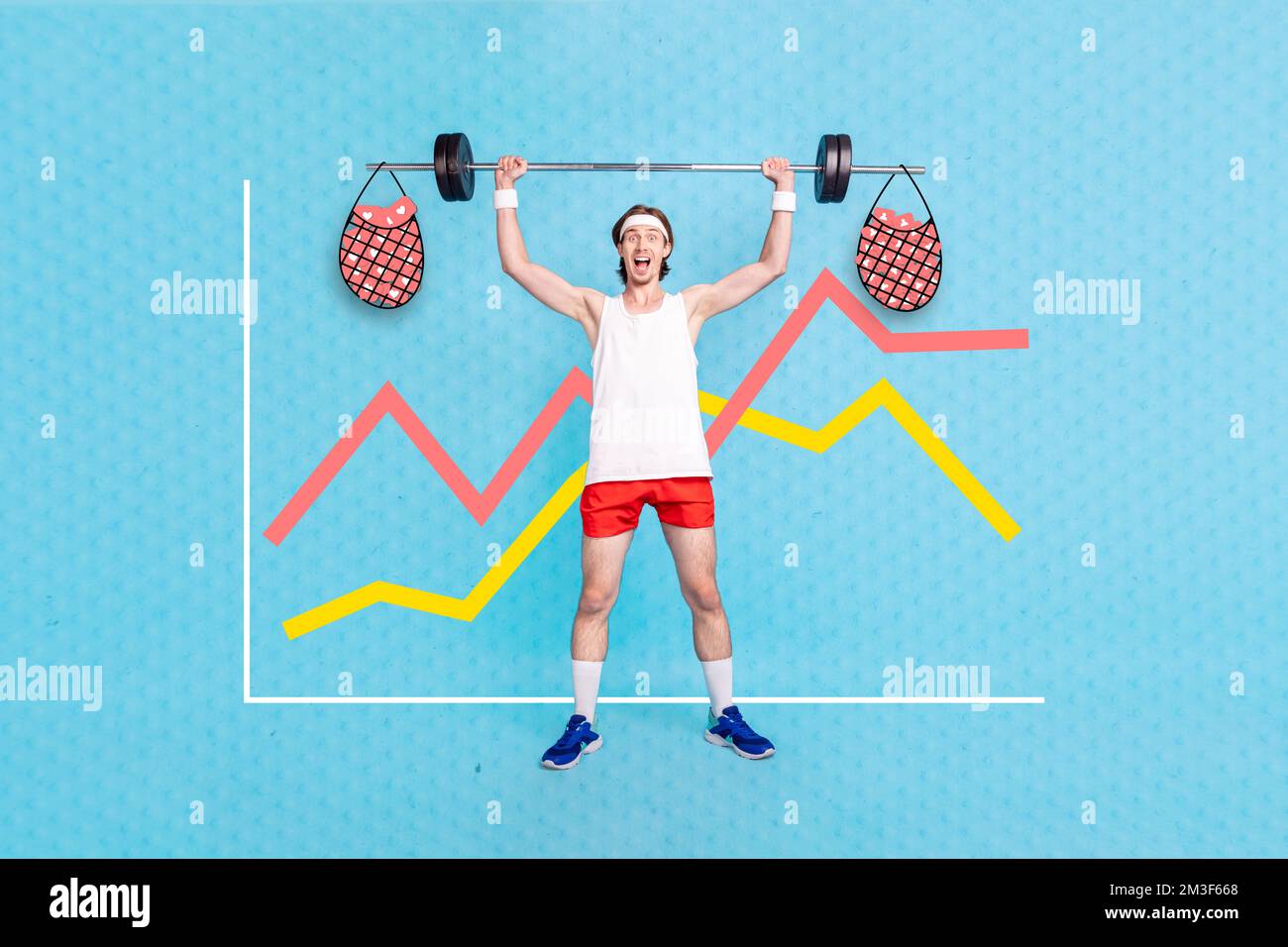 Creative photo 3d collage artwork poster of young sporty man raise ...