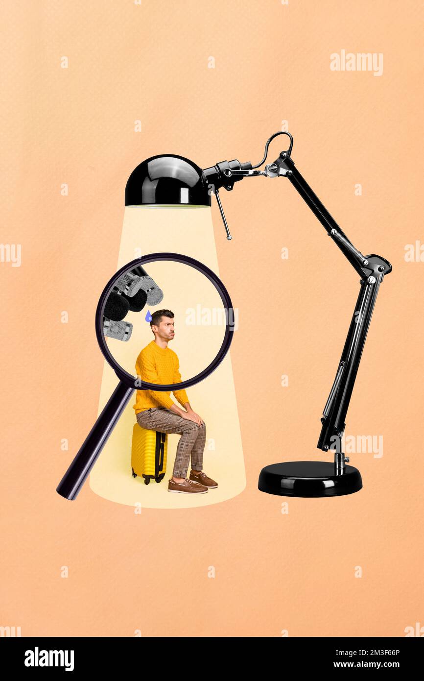 Creative photo 3d collage artwork poster of young man sit suitcase ...