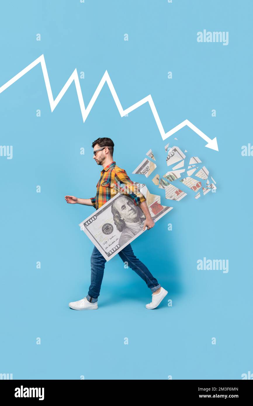 Creative photo 3d collage artwork of young worker move carry big usd ...