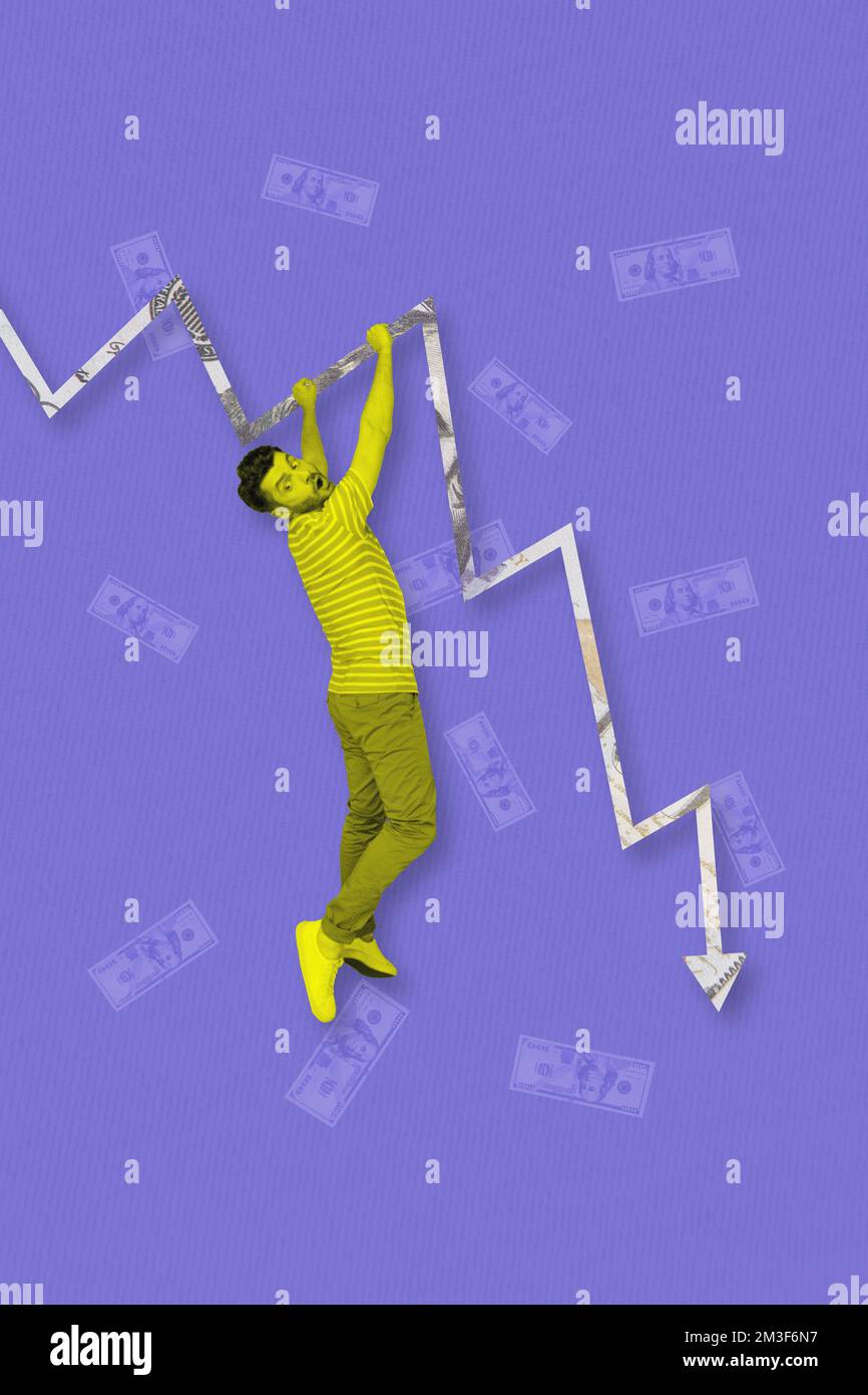 Creative photo 3d collage artwork poster of young man holding big arrow ...