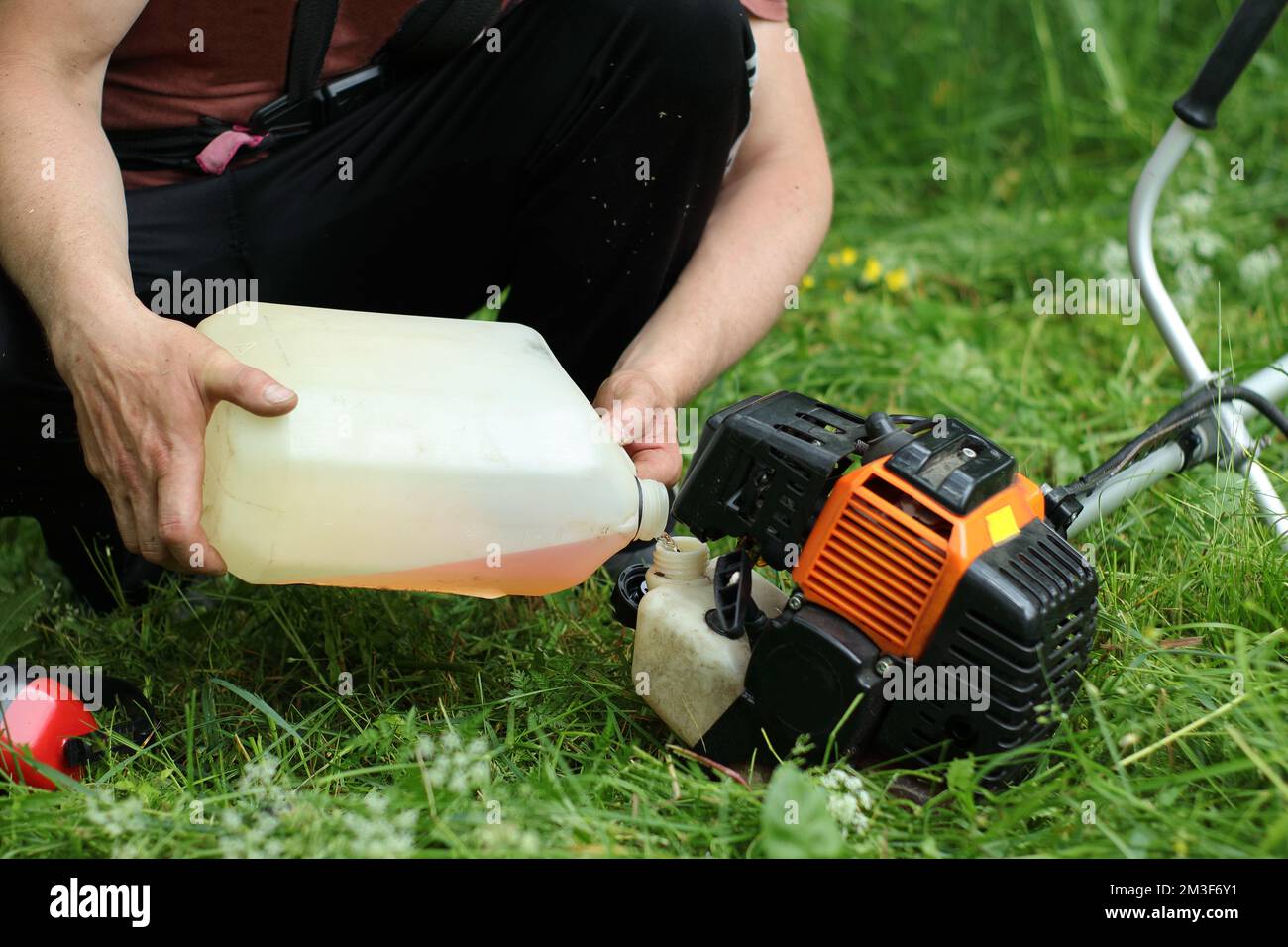 the person refills the fuel in the petrol brush cutter before mowing ...