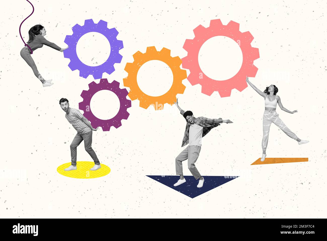 Photo collage artwork minimal picture of smiling happy friends working ...