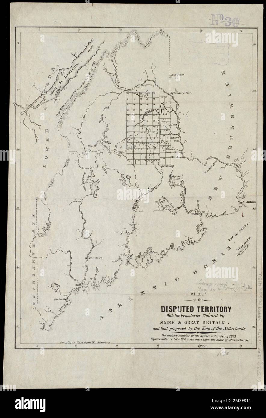 Map of the disputed territory with the boundaries claimed by Maine ...