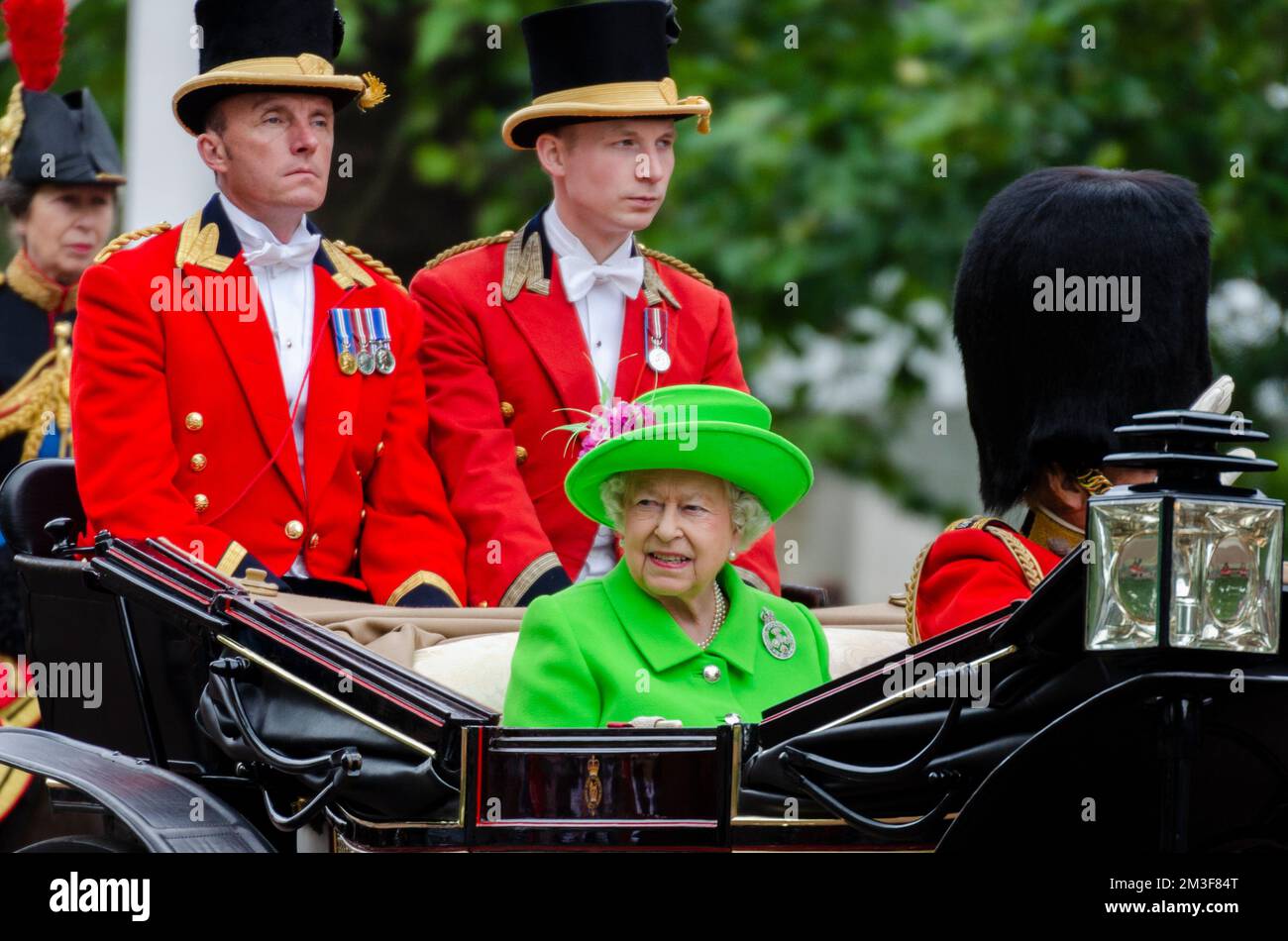 The Queen, Queen Elizabeth II, riding in a carriage during Trooping the ...