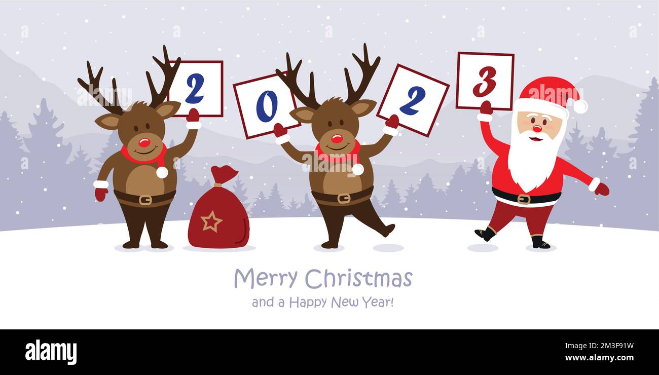 new year 2023 greeting card with cute christmas deer and santa Stock ...