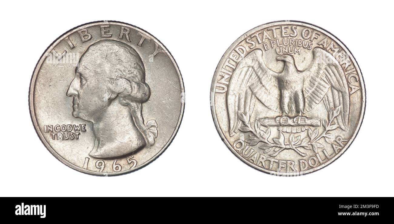 US ¼ dollar, 1965 Washington's Quarter on a white background Stock ...