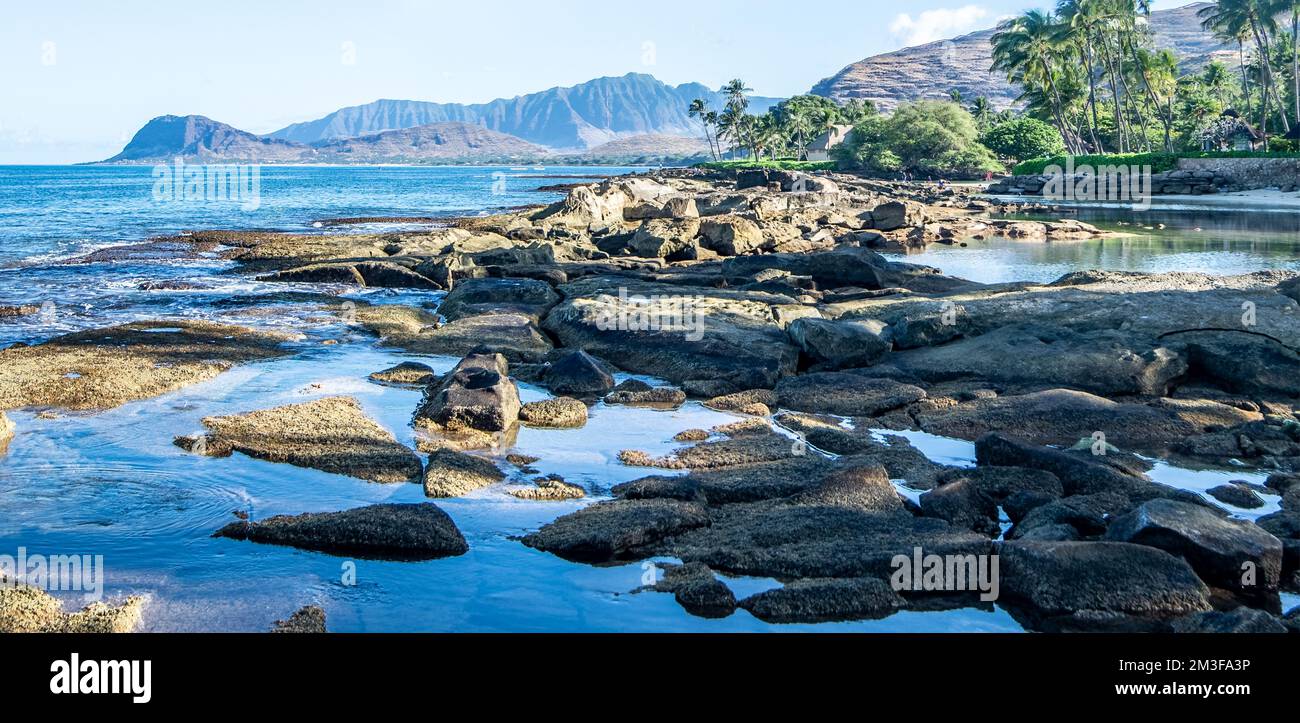 The beautiful beach under the blue sky on Oahu Island, Hawaii Stock ...